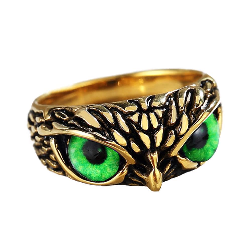 SINLEO Stainless Steel Signet Biker Ring Vintage Animal Demon Eye Owl Rings for Men Women Statement Jewelry Gold Green Eye Size 8