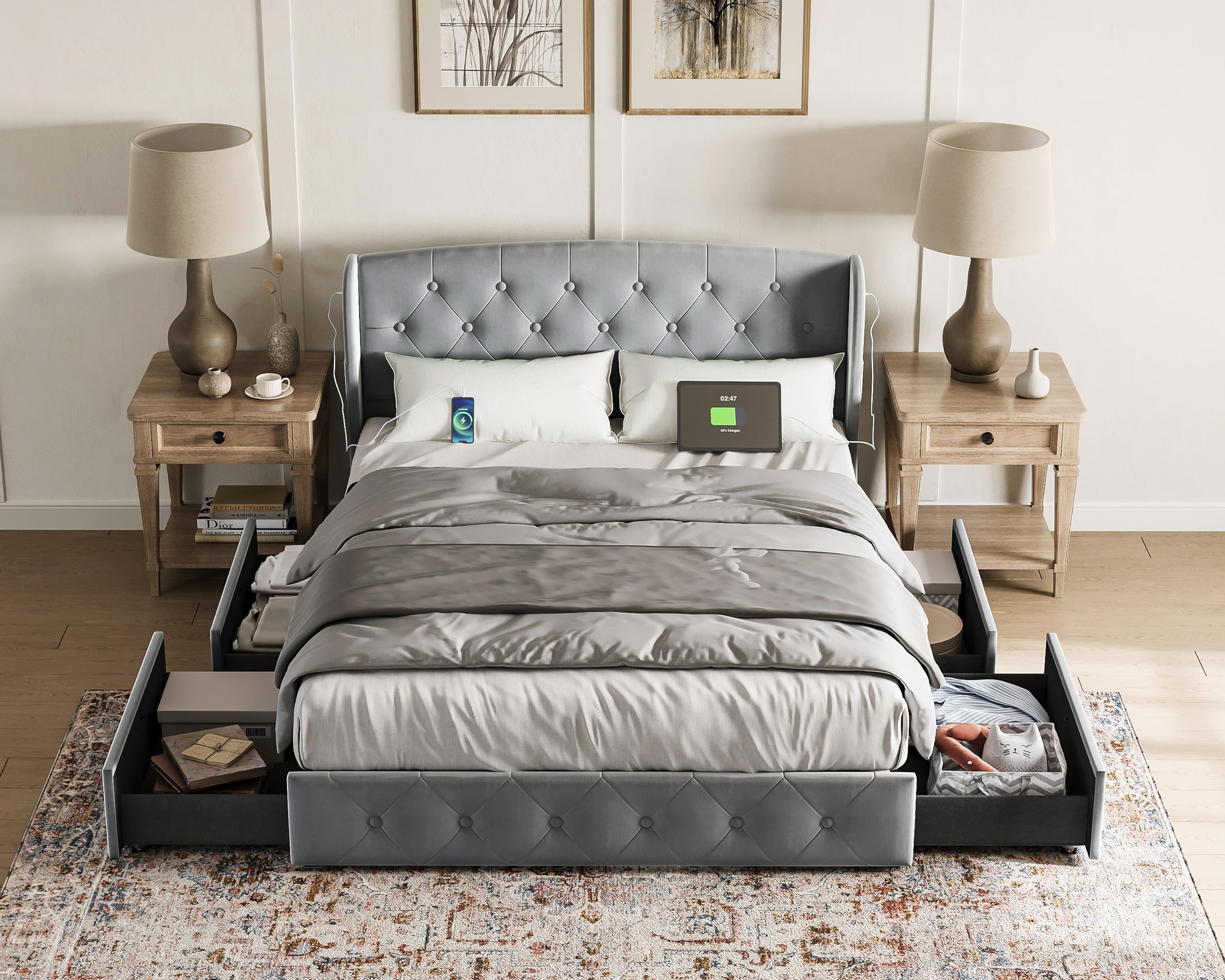 LINSY Queen Bed Frame with 4 Drawers & Headboard, Bed Frame with RGB Lights & Fast Charger, Upholstered Bed Frame Queen Size with Storage, No Box Spring Needed, Light Grey