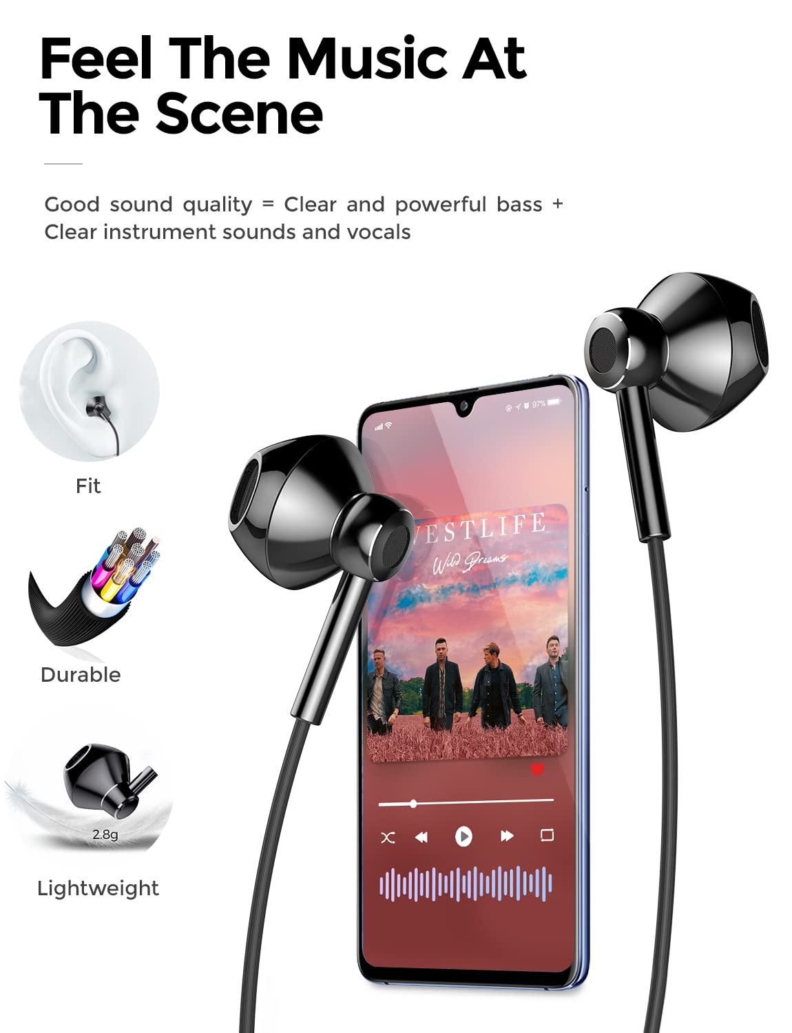 Linklike QUAD Dynamic Drive Hi-Res Extra Bass Earbuds Headphones Wired Earbuds with Microphone,Lightweight Earphones with Volume Control 3.5mm Jack,In-Ear Headphones,Linklike Classic2