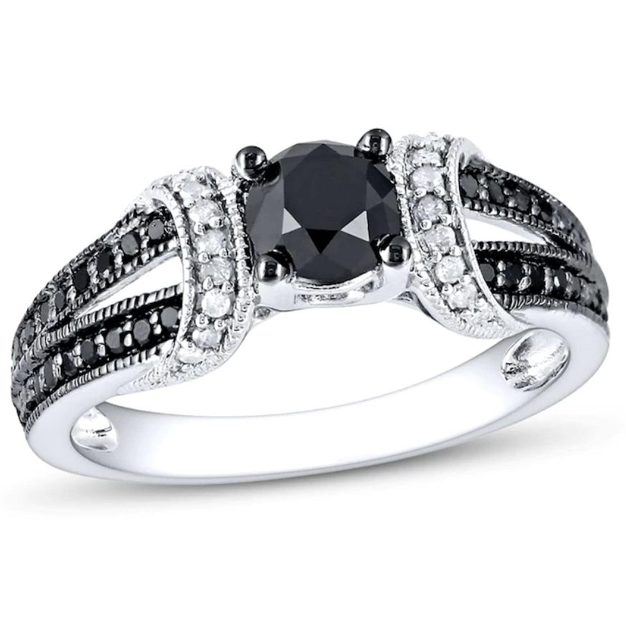 Prettyshinejewels 0.75 Ct Round Cut Black & White Diamond Solitaire with Accent Engagement Ring 14k White Gold Plated 925 Sterling Silver10.5