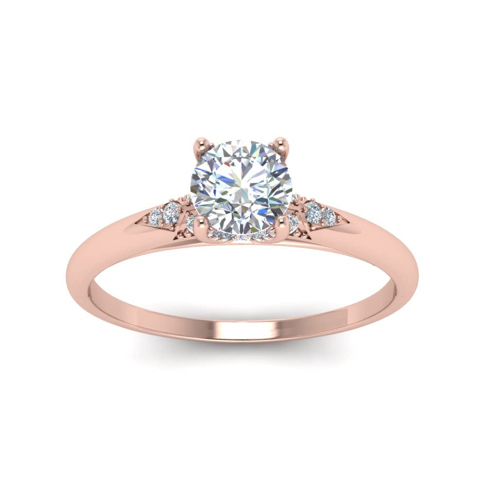 Round Cut diamond Petite Engagement Rings with White Diamond in 14K Yellow Gold rose gold plated Created Cubic Zircon Round shape White color Solitaire Engagement Rings prong setting in Size 7