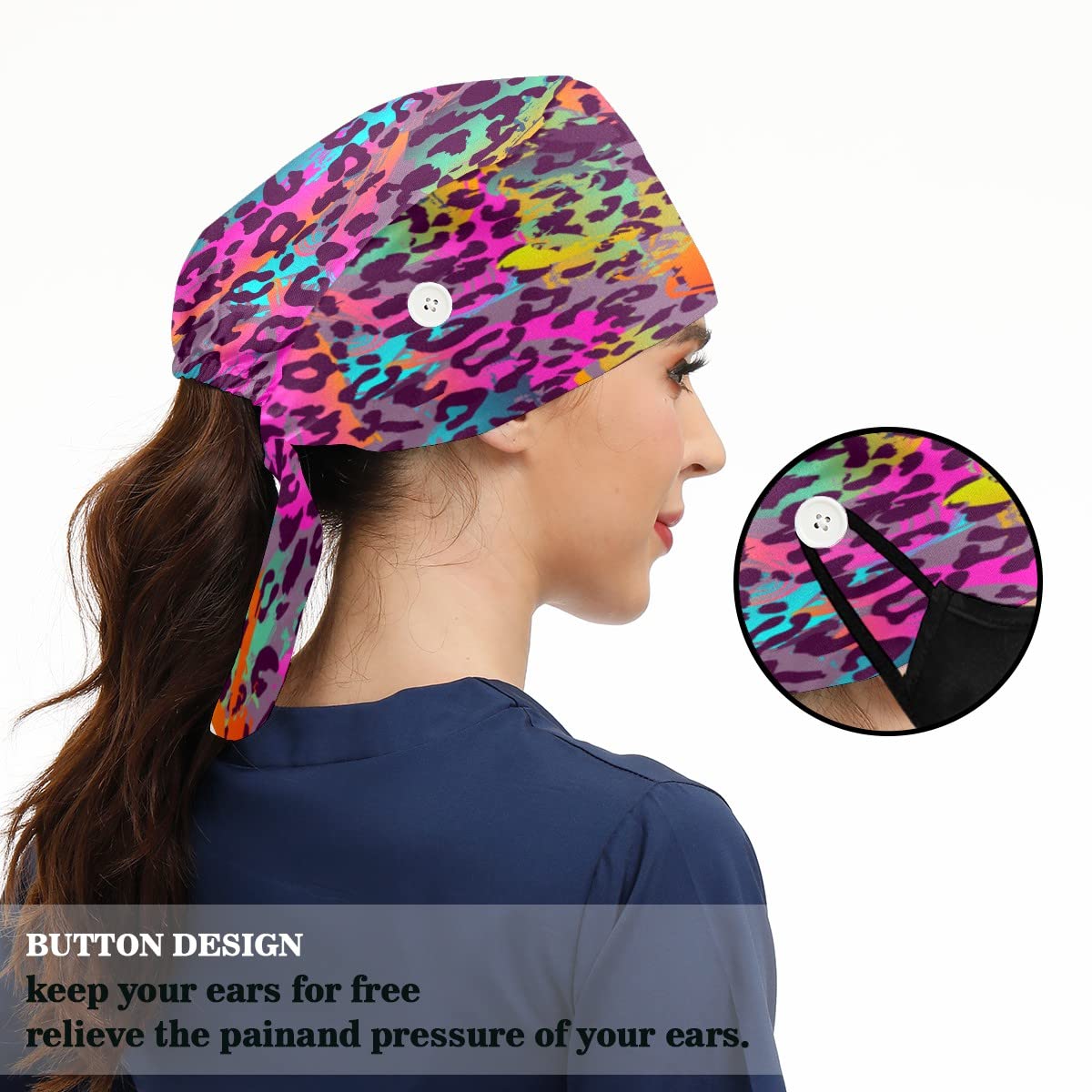 Rosy Watercolor Leopard Print Working Caps with Upgrade Sweatband Adjustable Bouffant Hats Working Cap with Button Unisex Head Cover