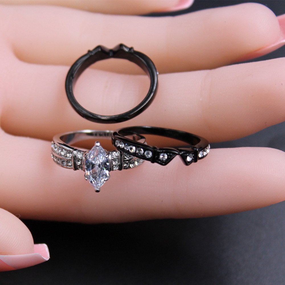 MABELLA Black Wedding Engagement Ring Set Stainless Steel Marquise Cz Gifts for Women, Size 6