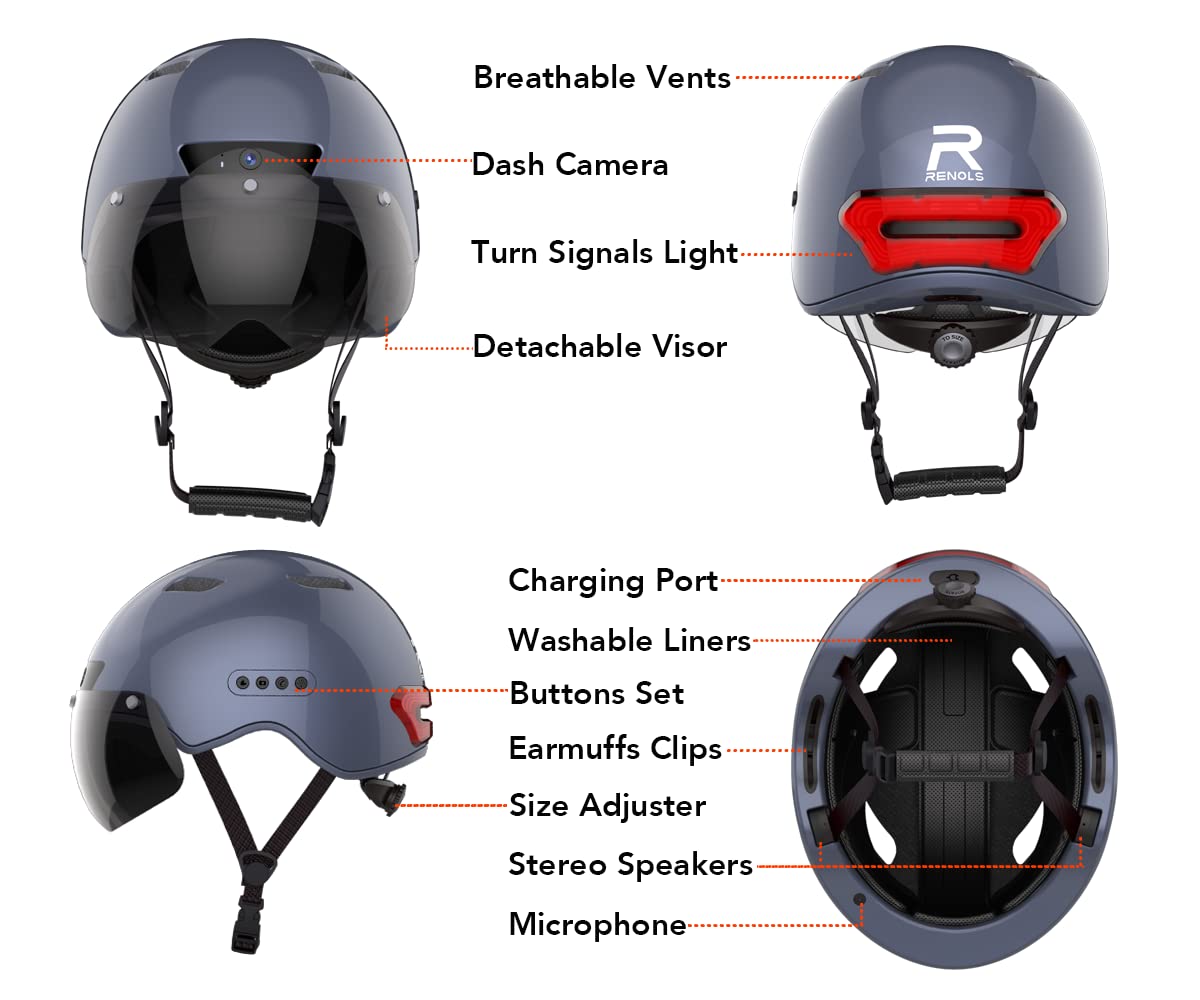 RENOLS Bluetooth Smart Bike Helmet with Dash Camera& LED Lights& Speakers for Urban Commuting Rechargeable Adult Bicycle Helmets with Visor Men/Women(Grey)