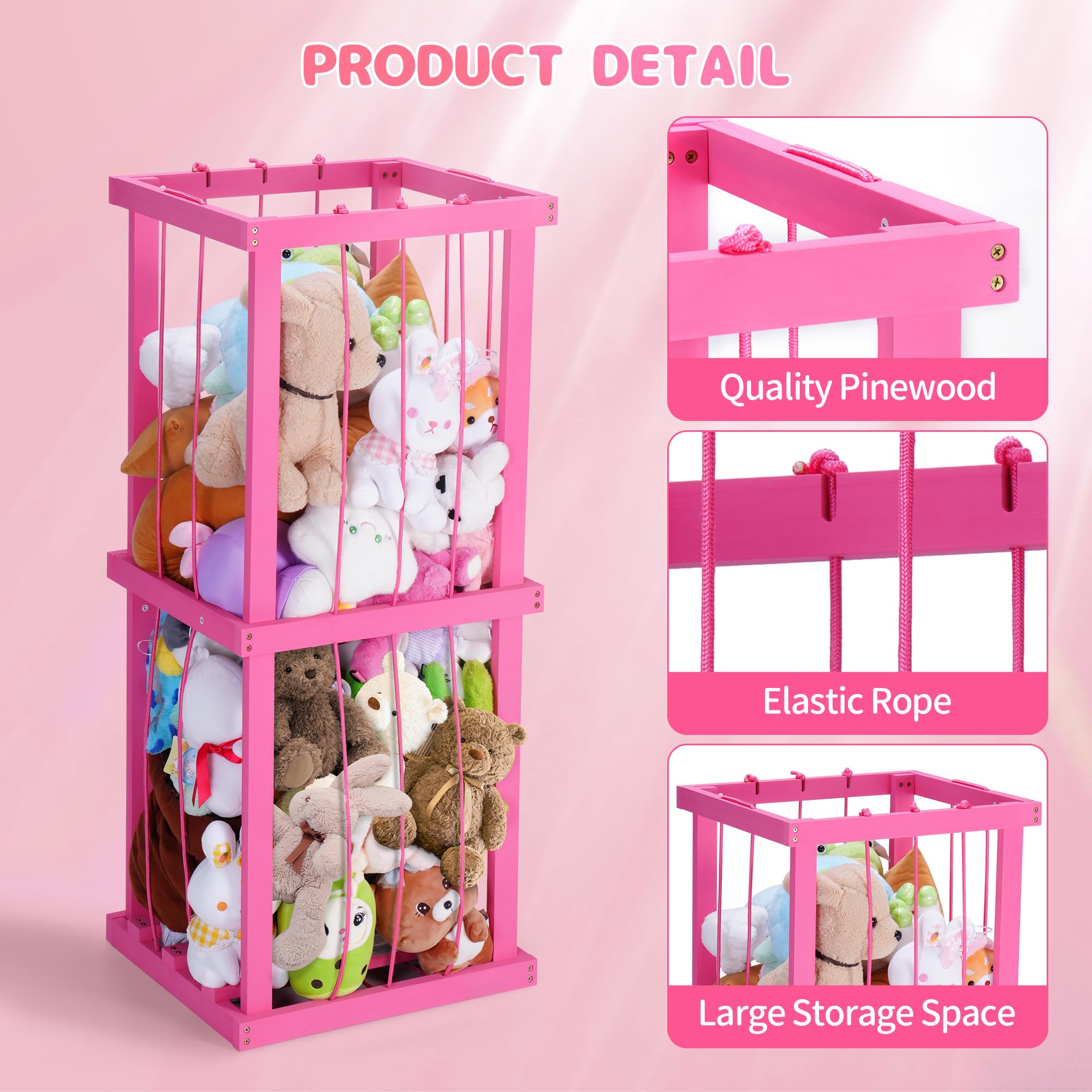 Wooden Stuffed Animal Storage, Extra Large Stuffed Animal Holder Plush Toy Organizer with Elastic Band, Stuffed Animal Zoo Storage for Nursery Play Room Bedroom Corner