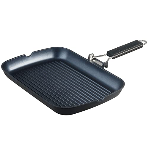 S¡KITCHN Grill Pan with Folding Handle, Nonstick Grill Pan for Stove Tops, Induction Compatible KBBQ Grill Pan with Pour Spouts, Indoor Rectangle BBQ Grilling Pan - 13 à 9IN
