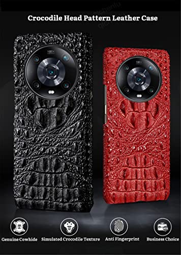 qichenlu 3D Crocodile Head Pattern Saddle Brown Genuine Leather Case Designed for HONOR Magic4 Pro, Business Alligator Texture Real Cowhide Hard Back Cover Shell with Soft Microfiber Lining