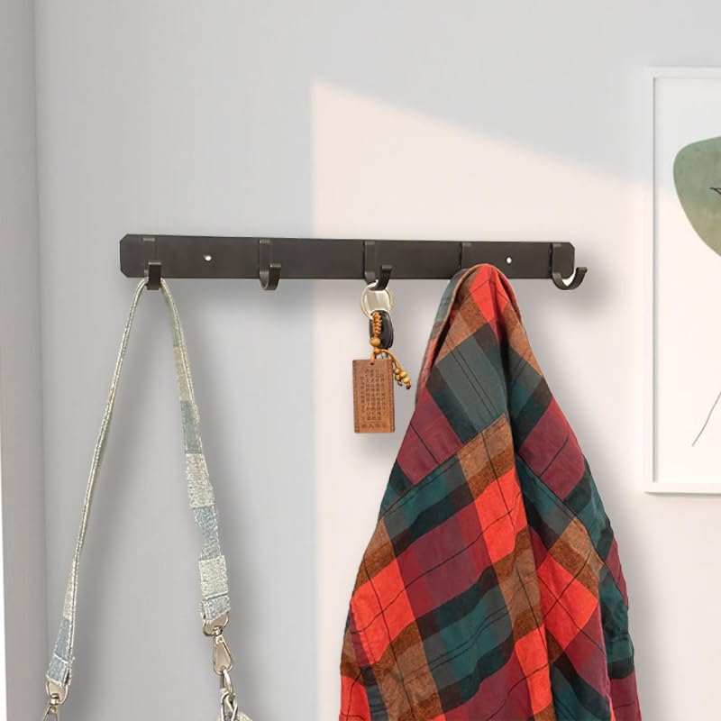 LBONG Coat Rack Wall Mount, Door Hooks for Hanging Towels, Backpack, Jacket, Mountable Holder with 5 Hanger, Black