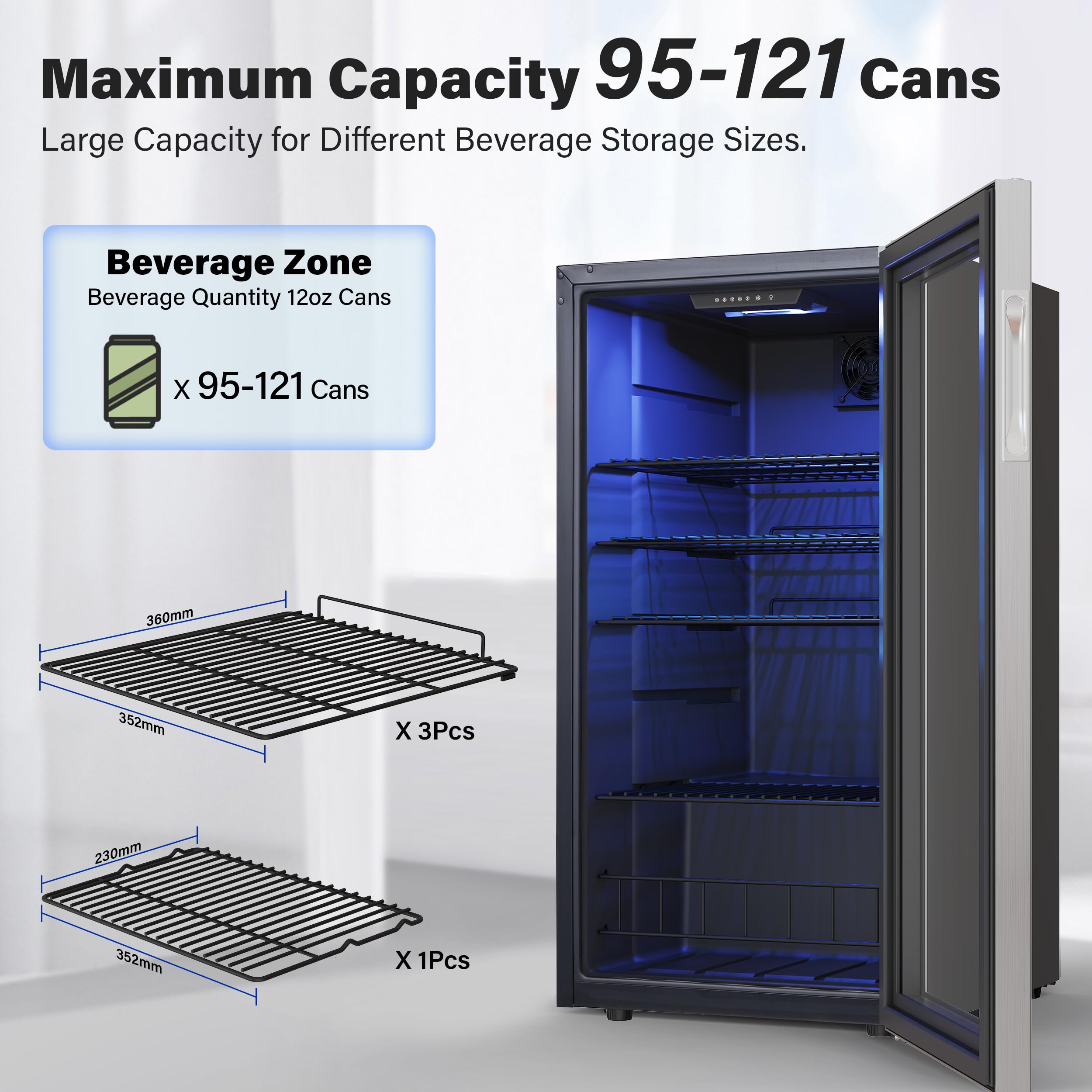Yeego 3.1Cu.ft Beverage Refrigerator Cooler, 121 Can Mini Fridge with Glass Door, Small Drink Fridge with Adjustable Thermostat, Beverage Cooler for Beer Drinks Wines for Home Office or Bar