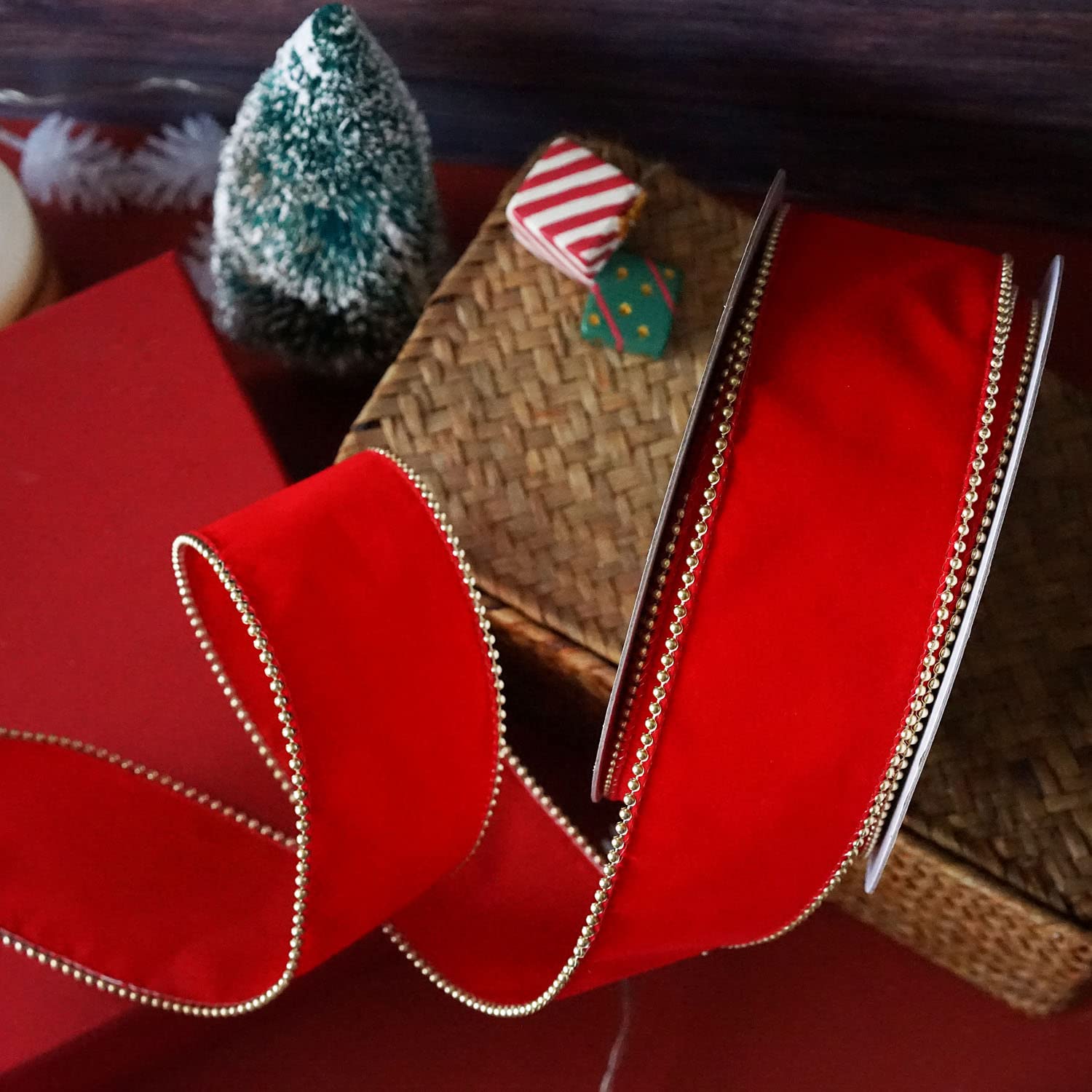 Liphontcta Cintago 2-1/2 Inch, 20 Yards Red Velvet Wired Ribbon with Gold Beads Edge, Christmas Wire Edge Ribbon (red)