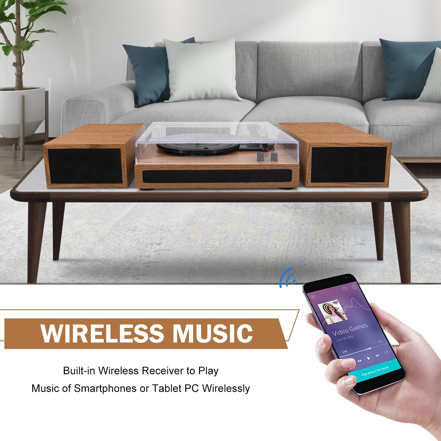LP&No.1 Record Player, Wireless Turntable with Stereo Bookshelf Speakers,Vinyl Record Player,Support Wireless,Auto-Stop.(Yellow Wood)