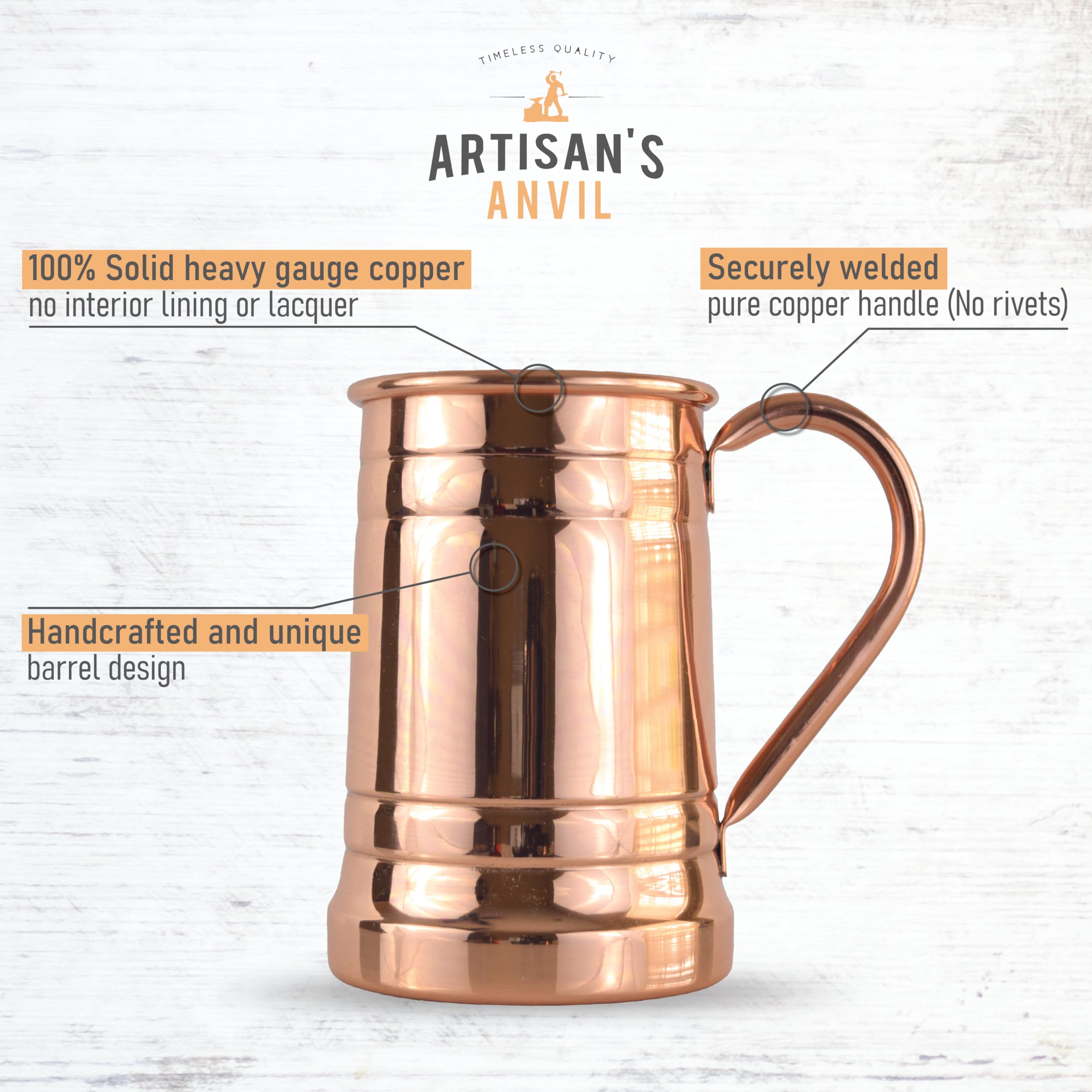 PURE COPPER BEER MUG β Unique Tankard Look - Handmade 100% Pure Copper Beer Stein - Solid Copper,No Lining - Polished Copper Inside & Out - 18 oz β Ice Cold Beer, Moscow Mules, & Recipes E-book