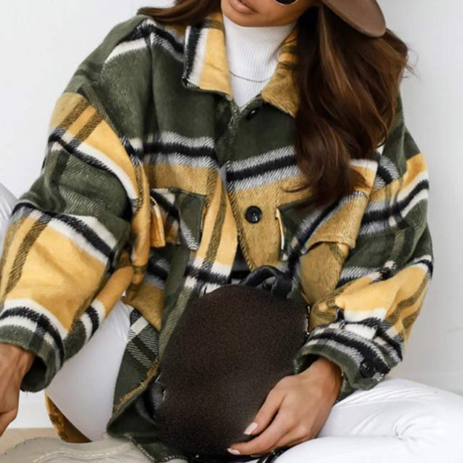 Plaid Shacket Womens, Womens Corduroy Button Down Shirts Boyfriend Long Sleeve Oversized Blouses Tops Plaid Jackets for Women Yellow