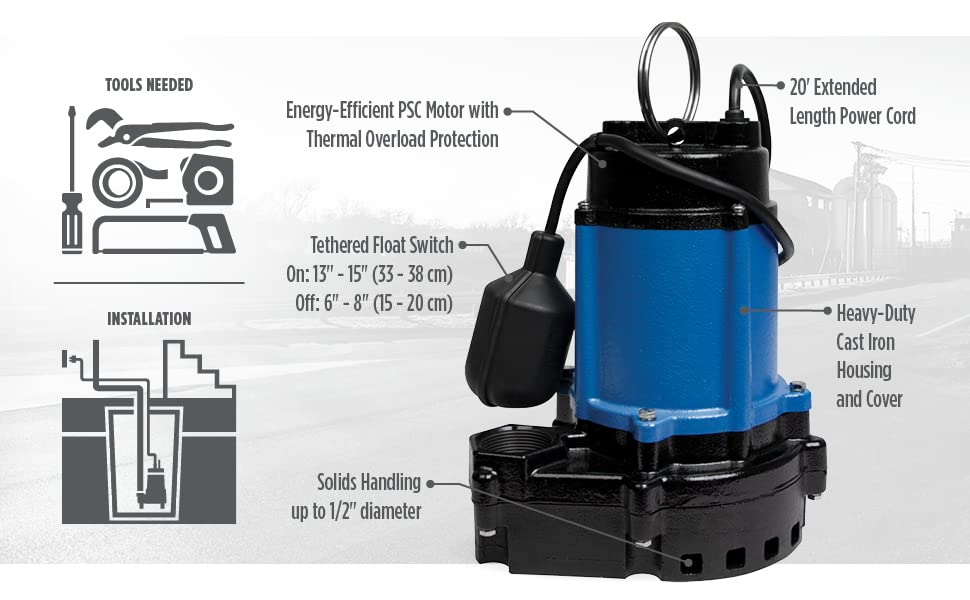 Little Giant Select Series LG-EFF50T 115 Volt, 1/2 hp 4020 GPH Cast Iron Effluent Pump with Tethered Switch and 20-Ft. Cord, Black, 14942680