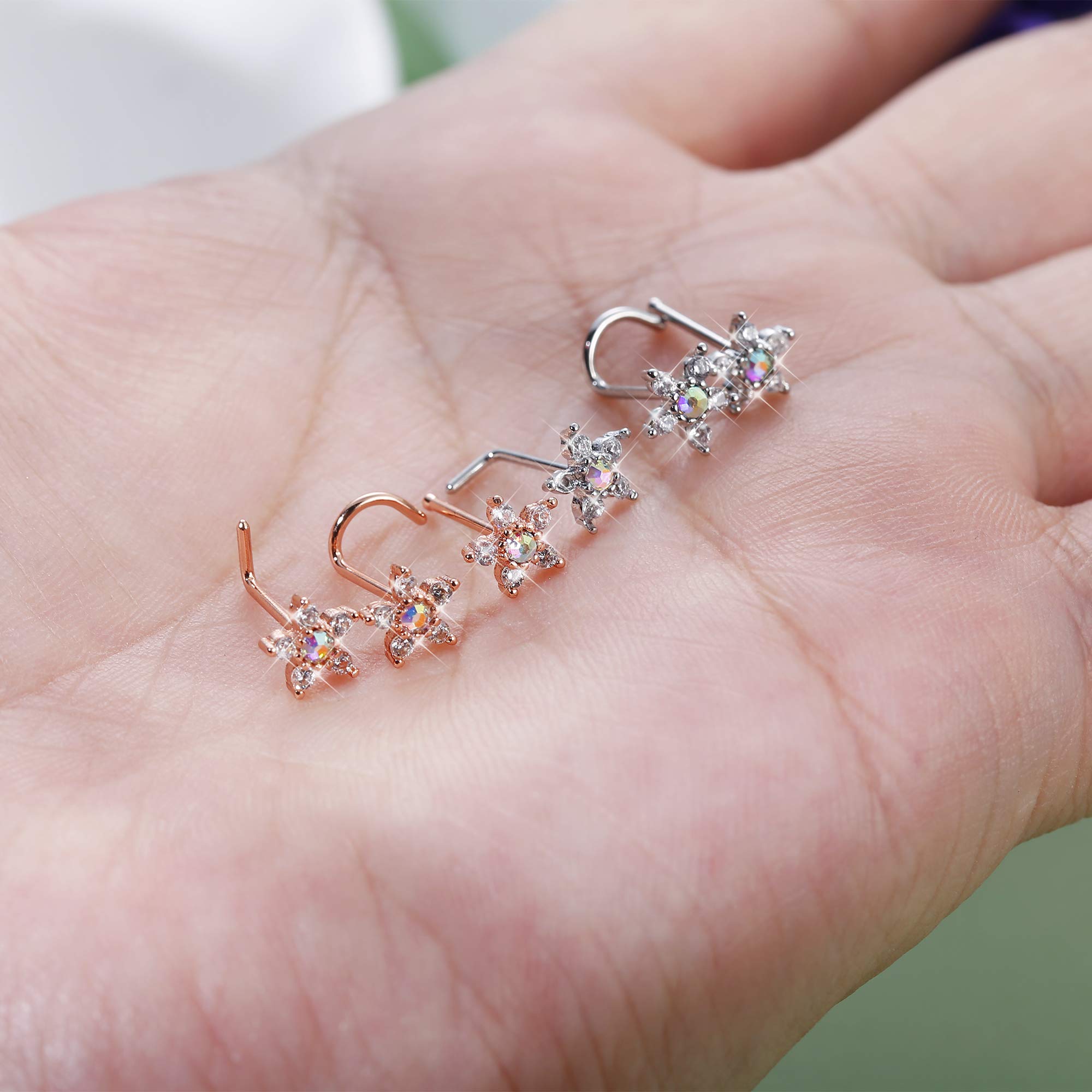 LOYALLOOK 6Pcs 20G Stainless Steel Silver/Rose Gold Flower Nose Rings Studs Piercing Body Jewelry Piercing CZ Inlaid