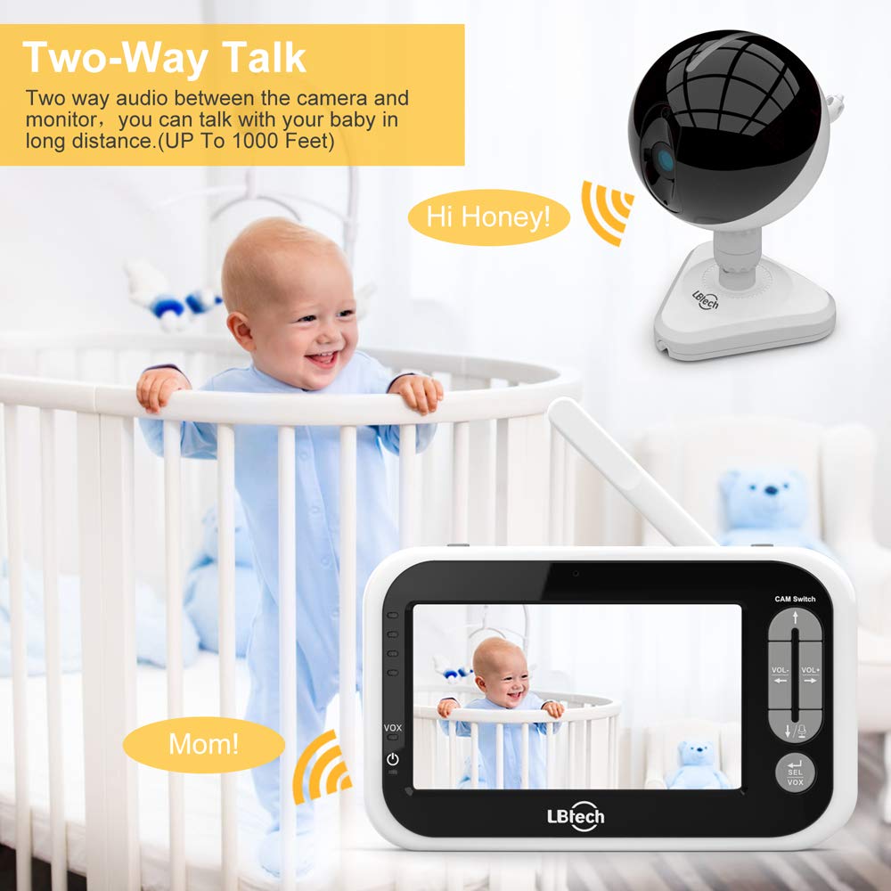LBtech Video Baby Monitor with 2 Cameras and 4.3 inches Large LCD Screen,Automatic Night Vision,Two-Way Talkback/Audio,Temperature Detection,Power Saving/Vox,Zoom in Lens,Support Multi Camera
