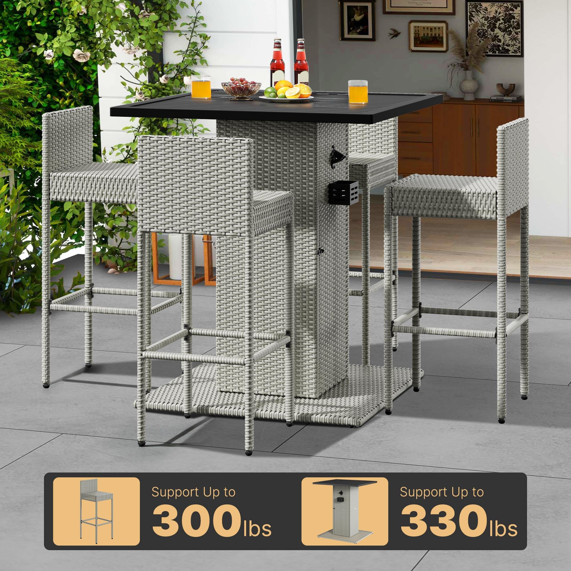 YITAHOME 5-Piece Outdoor Wicker Bar Set with Built-in Bottle Opener, Storage Shelf & Metal Tabletop, 4 Stools with Backrest for Patios, Backyards, Gardens, Poolside, Porches, Gray