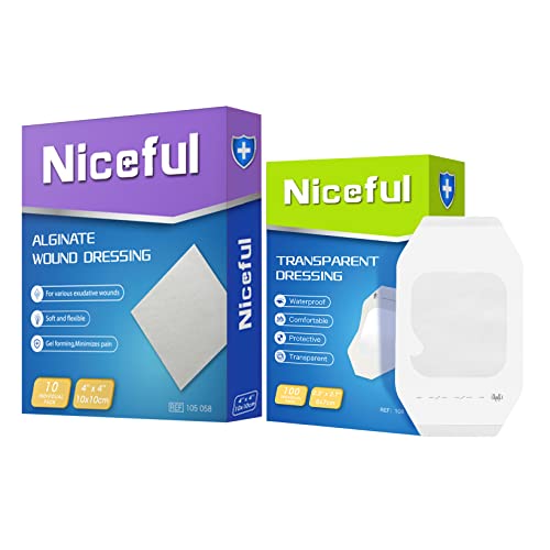 Niceful 10 Packs Calcium Alginate Dressing 4x4 in, 100 Packs Transparen Film Dressing 2.35x2.75 in, High Absorbent Alginate Dressign with Waterproof Barrier