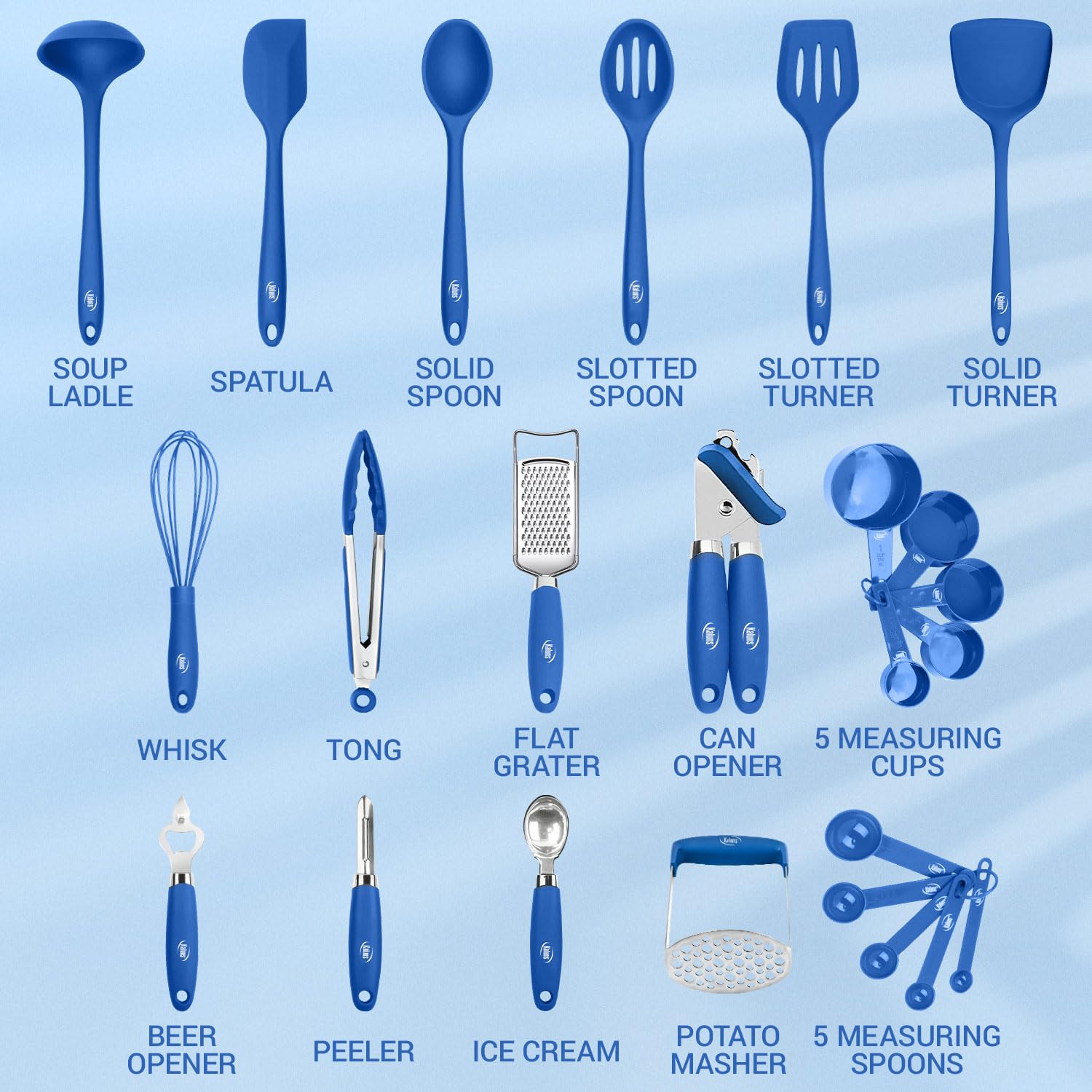 Kaluns Silicone Kitchen Utensils Set 24 Pcs Silicone Cooking Utensils Set - Can Opener, Masher, Turner, Spatula 446°F Heat Resistant Non-Stick - Premium Silicone and Stainless Steel Utensil Set