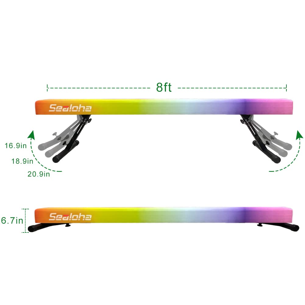 Sealoha 8ft Adjustable&Foldable Balance Beam,High-Low Floor Beam Suede Gymnastics Equipment,No Tool Require,Gymnastics Beam for Training,Physical Therapy and Professional HomeTraining (Rainbow)