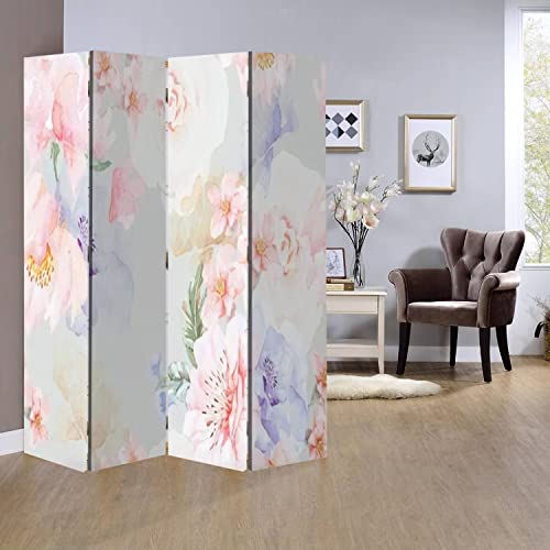 Wood Screen Room Divider Rose Seamless with Watercolor on Pastel Designed for Fabric Luxurious Folding Screen Canvas Privacy Partition Panels Dual-Sided Wall Divider Indoor Display Shelves 4 Panels