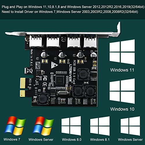 LTERIVER PCIE 4 Ports Super Speed USB 3.0 Card for Windows Server, XP, Vista, 7, 8.x, 10, 11 (32/64bit) PCs, Built in Smart Power Control Technology, No Additional Power Supply Needed(PCE-U304A)