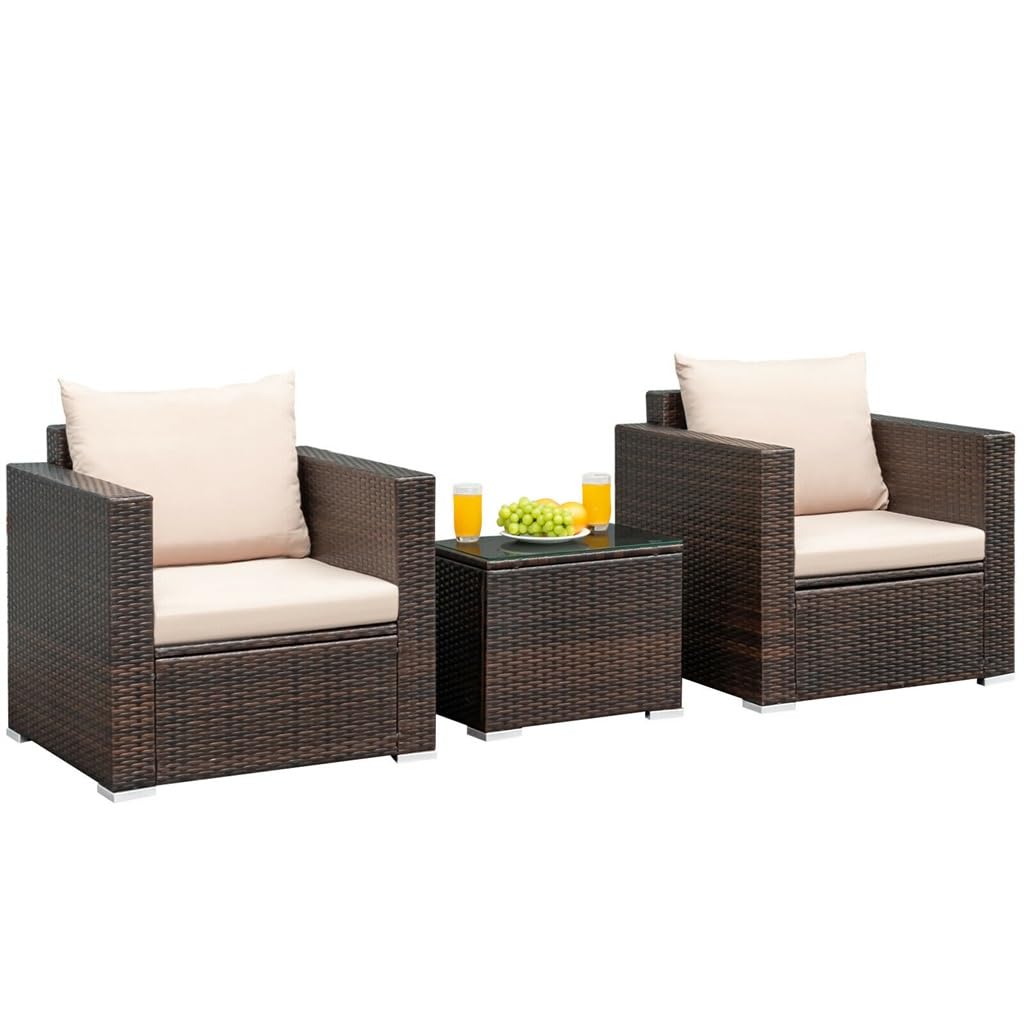 LIUJUN 3PCS Patio Rattan Furniture Set Conversation Wicker Sofa Set W/Cushion Garden