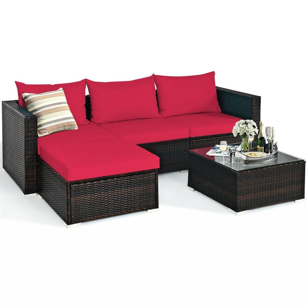 LIUJUN 5PCS Patio Rattan Furniture Set Sectional Conversation Sofa W/Coffee Table Red