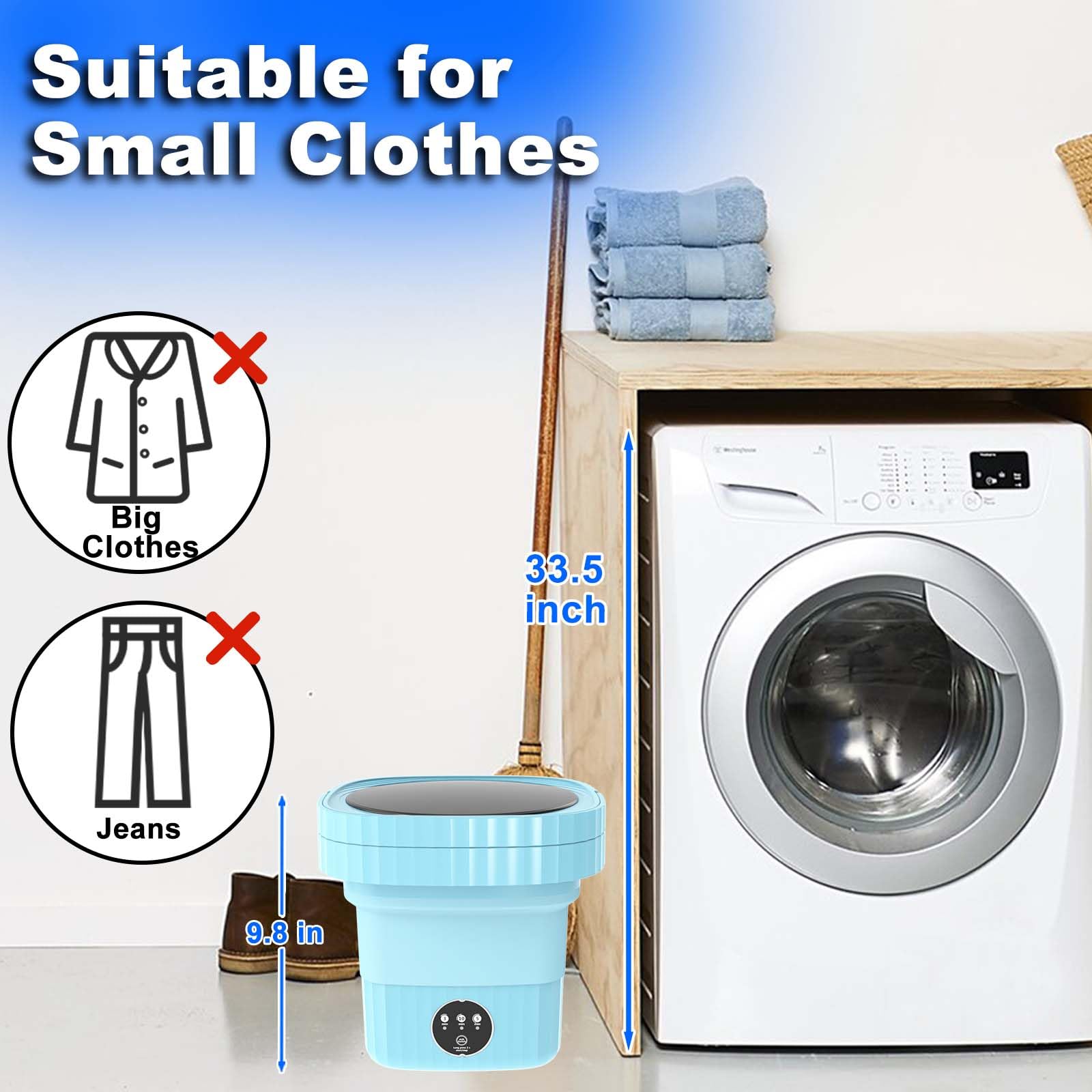 YLTIMER Portable Washing Machine, 8L Small Foldable Washing Machine with Spin,Collapsible Mini Washer and Dryer for Travel, Apartment, Socks, Underwear (Blue)