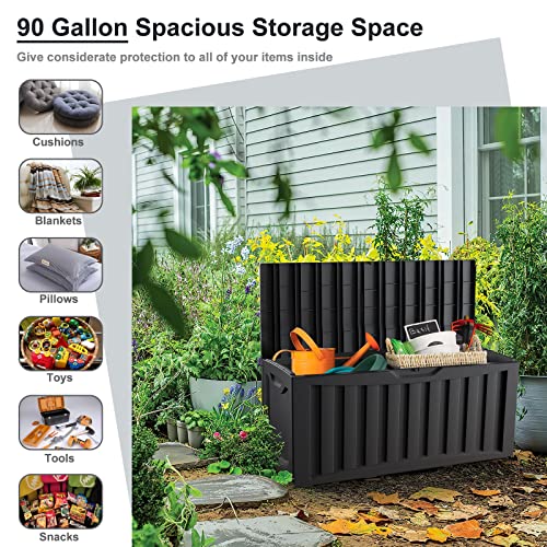 S AFSTAR 90 Gallon Deck Box, Outdoor Storage Box with Lockable Lid, 2 Built-in Wheels, Side Handrail, All Weather Weatherproof Resin Deck Box for Patio Cushions, Pool Supplies, Gardening Tools, Black