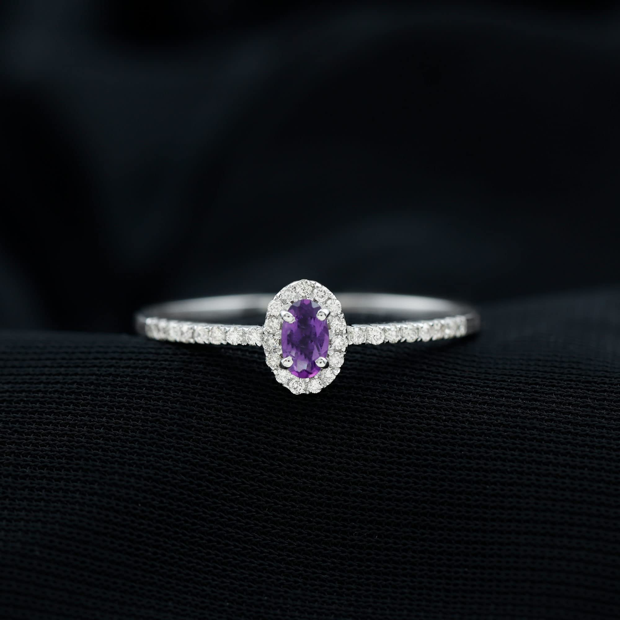 Rosec Jewels Natural Amethyst Minimal Halo Ring| 3X5 MM Oval| AAA Quality| Engagement Ring for Women, 14K White Gold, Size:US 10.00