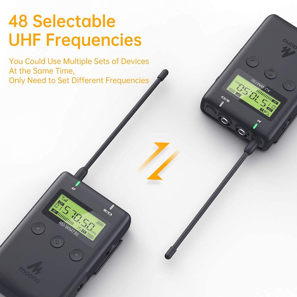 MAONO Wireless Lavalier Microphone System, Lapel Mic with -10dB Attenuation and Low Cut, Real-time Audio Monitoring, 48-Channel and Mute Compatible with Canon Nikon Sony DSLR, Camcorders(AU-WM730)