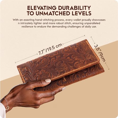 Toros Craft Handmade Western Wallets for Women, Genuine Tooled Leather & Long Credit Card Holder, Cowhide Slim Cell Phone Case, Large Capacity, Cute Clutch & Purse & Handbag (Camel)