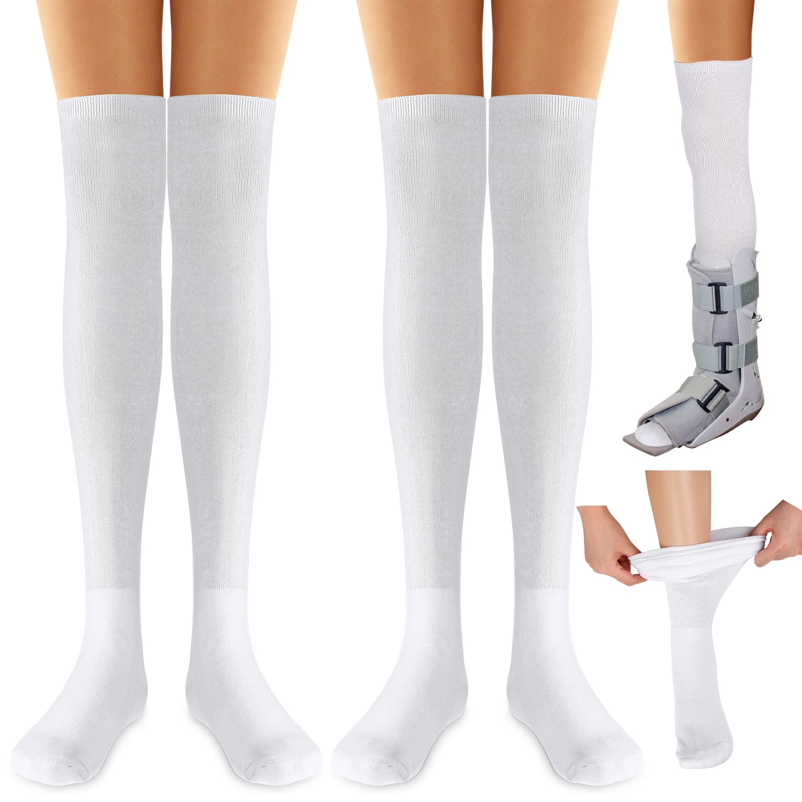 Replacement Sock Liner for Aircast Cast Sock Long Walking Boot Liners Breathable Walking Boot Sock Elastic Cam Walker Boot Line for Women and Men Aircast Compression Walking Boot, White, 2 Pairs