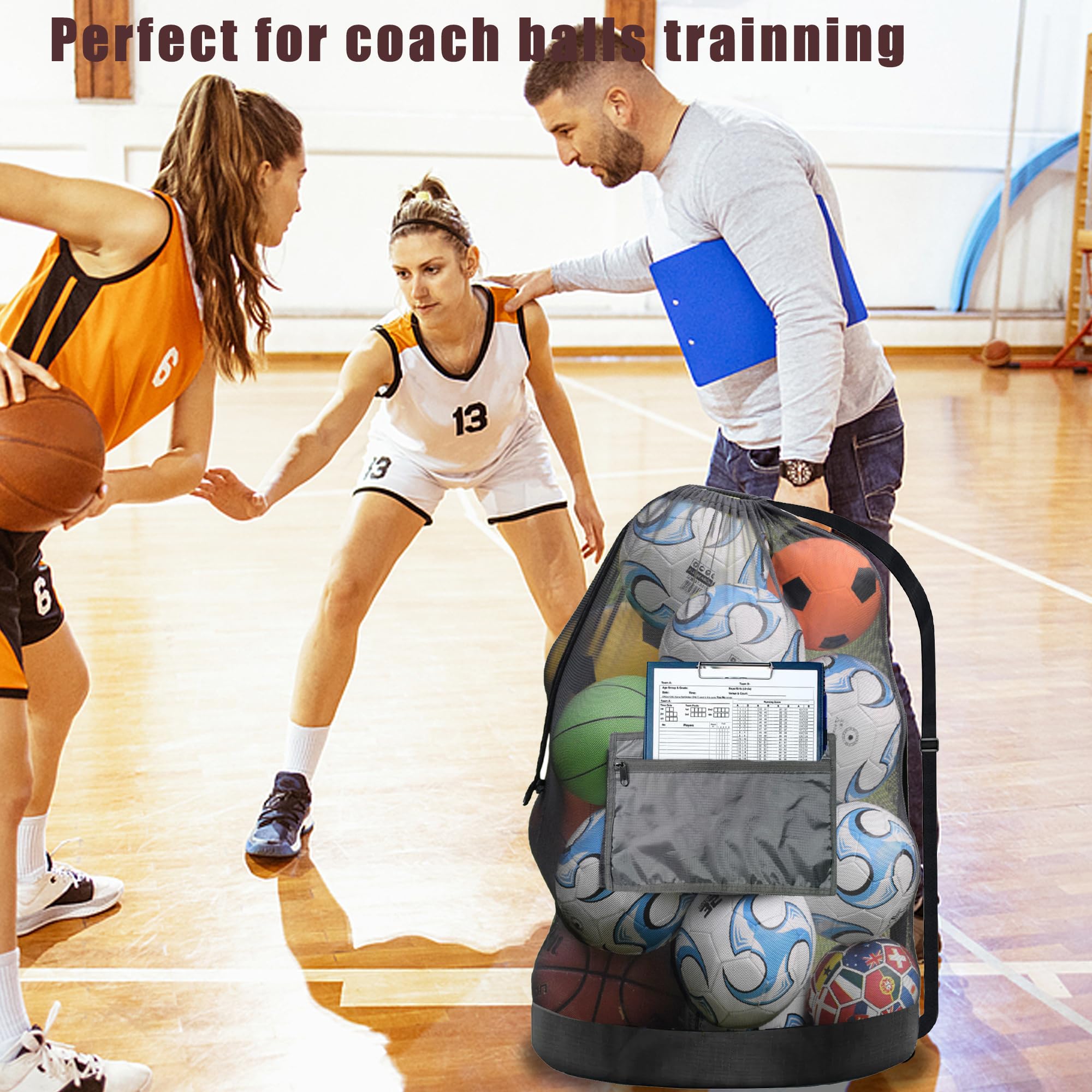 Rudmox Extra Large Mesh Ball Bag, Holding Basketball, Baseball, Swimming Gear or Beach Toy with Shoulder Strap Bottle Holder and Adjustable Shoulder Strap for Sports Team and Coach (Black)