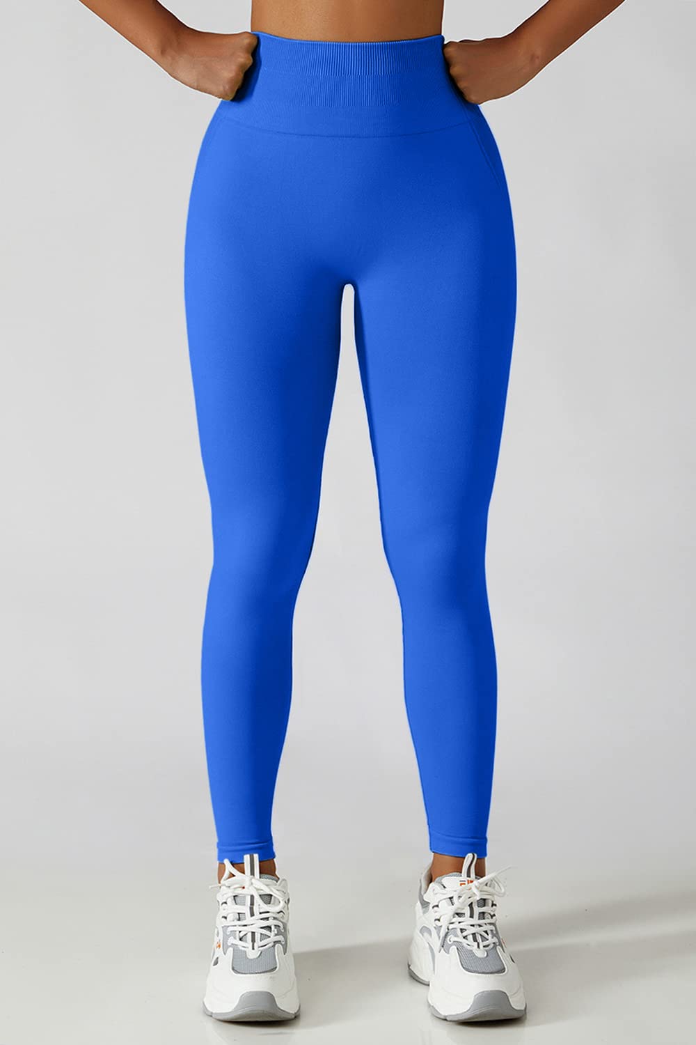QINSEN Womens Seamless High Waisted Yoga Pants Tummy Control Ruched Back Workout Leggings Blue M