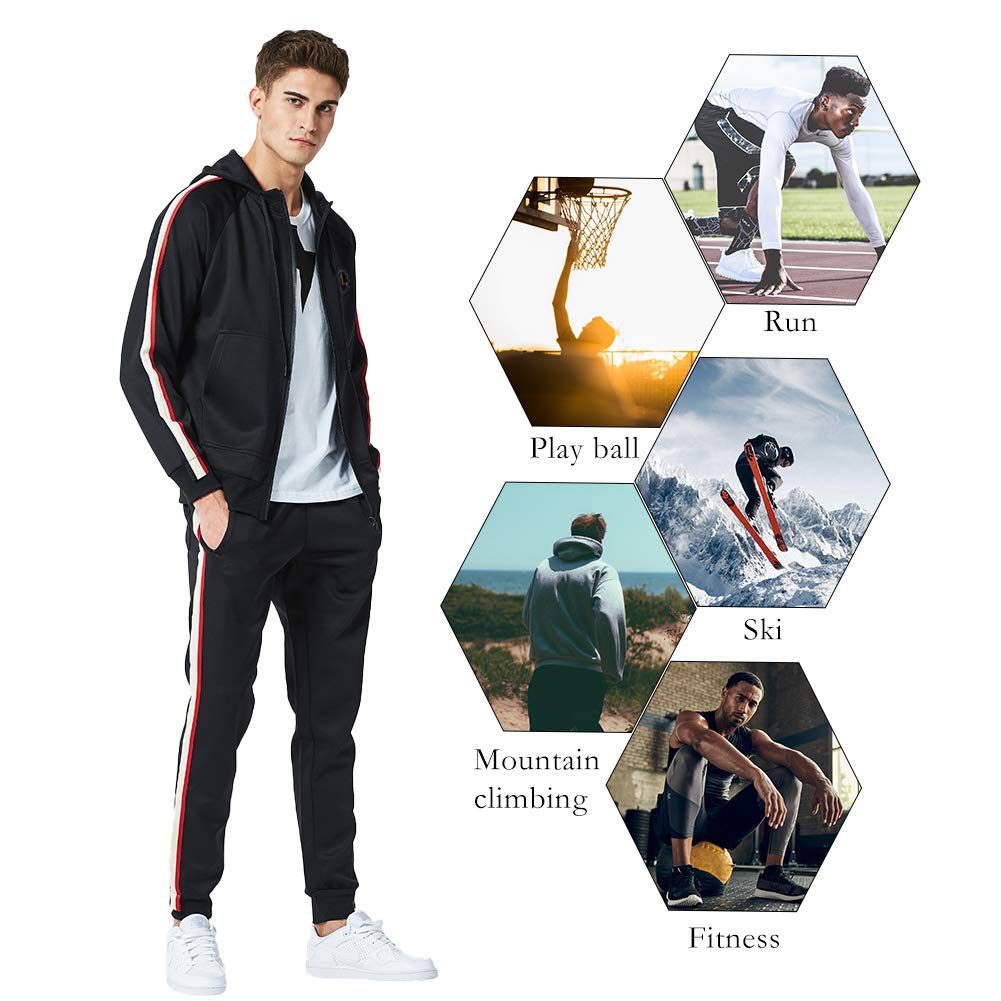 LBL Men's Sports Tracksuit Set Hooded Zip-up Casual Gym Jogging Sweat Suit Black M