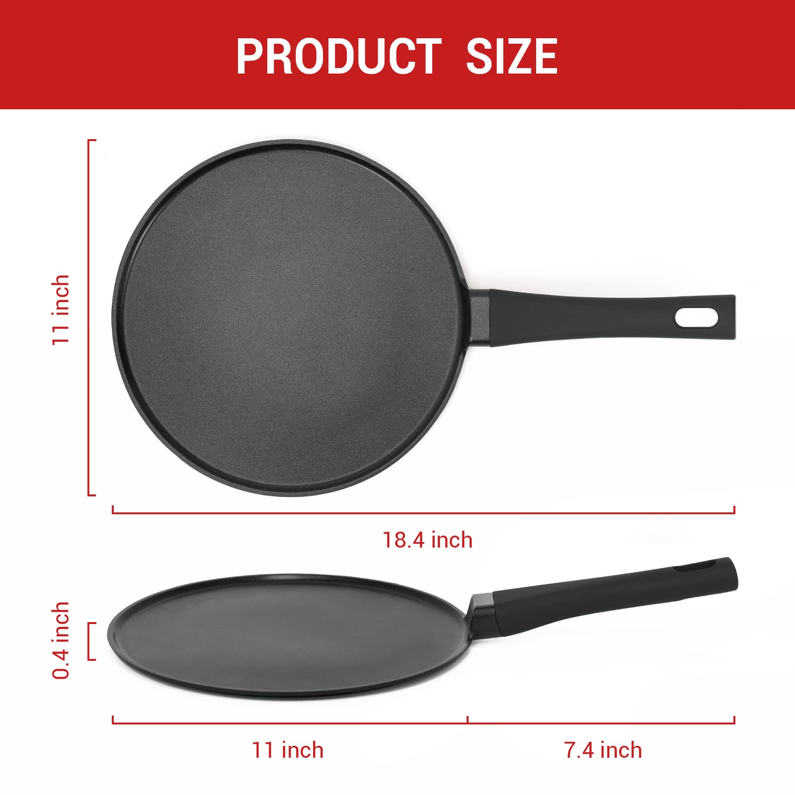 Sakuchi 11 Inch Induction Crepe Pan, Nonstick Dosa Pan for Stove Tops, Tortilla Pan for Glass Cooktop, Tawa Pan for Roti, Black