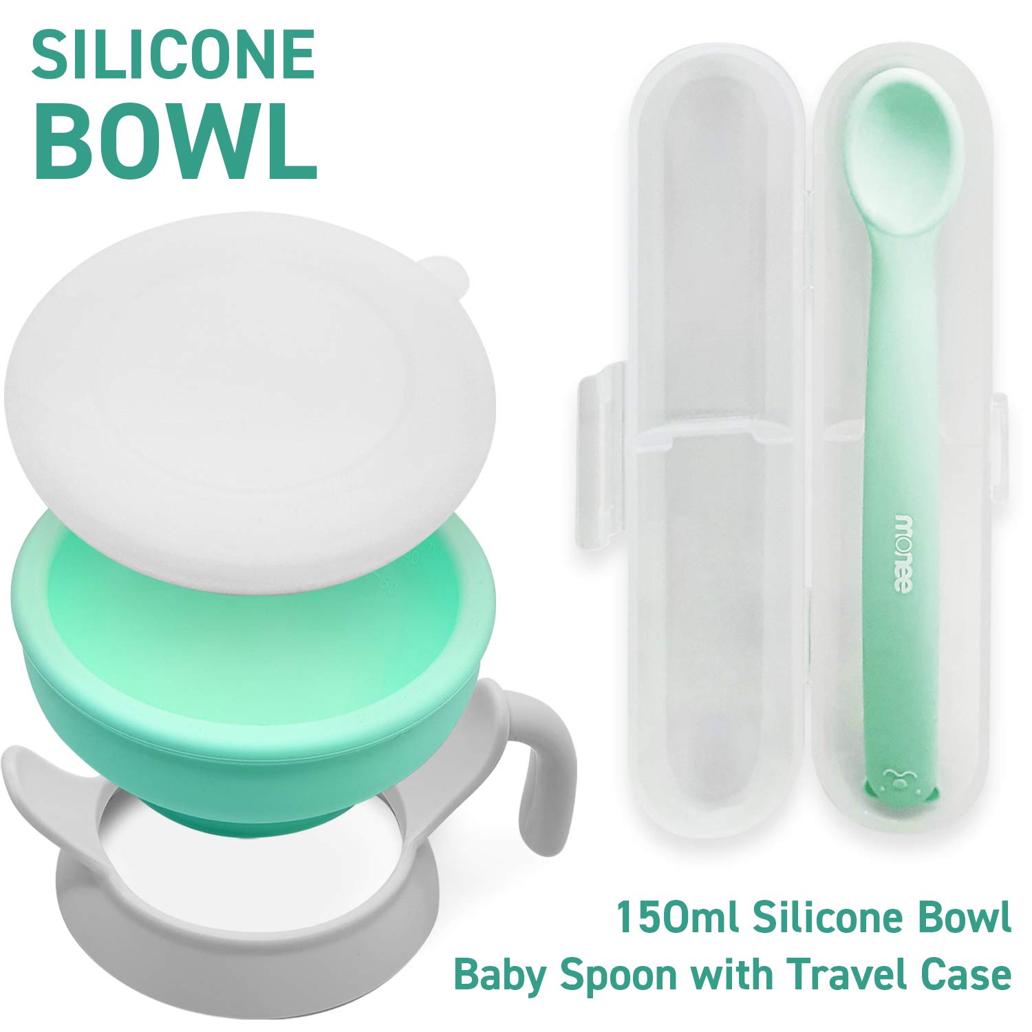 MONEE Baby Bowls and Baby Spoons. Baby Led Weaning Baby Feeding Set - Set Includes Baby Spoon, Baby Silicone Bowl and Secure Lid