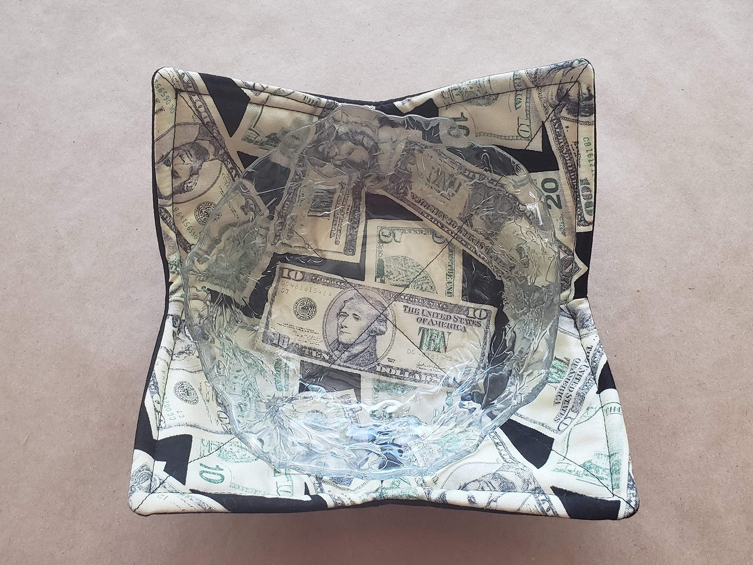 Money Microwave Bowl Cozy Cash Reversible Microwaveable Soup Potholder Bowl Buddy Dollar Bills Kitchen Linens Finance Econ Teacher Gifts Handmade Housewarming Hostess Gift Under 10