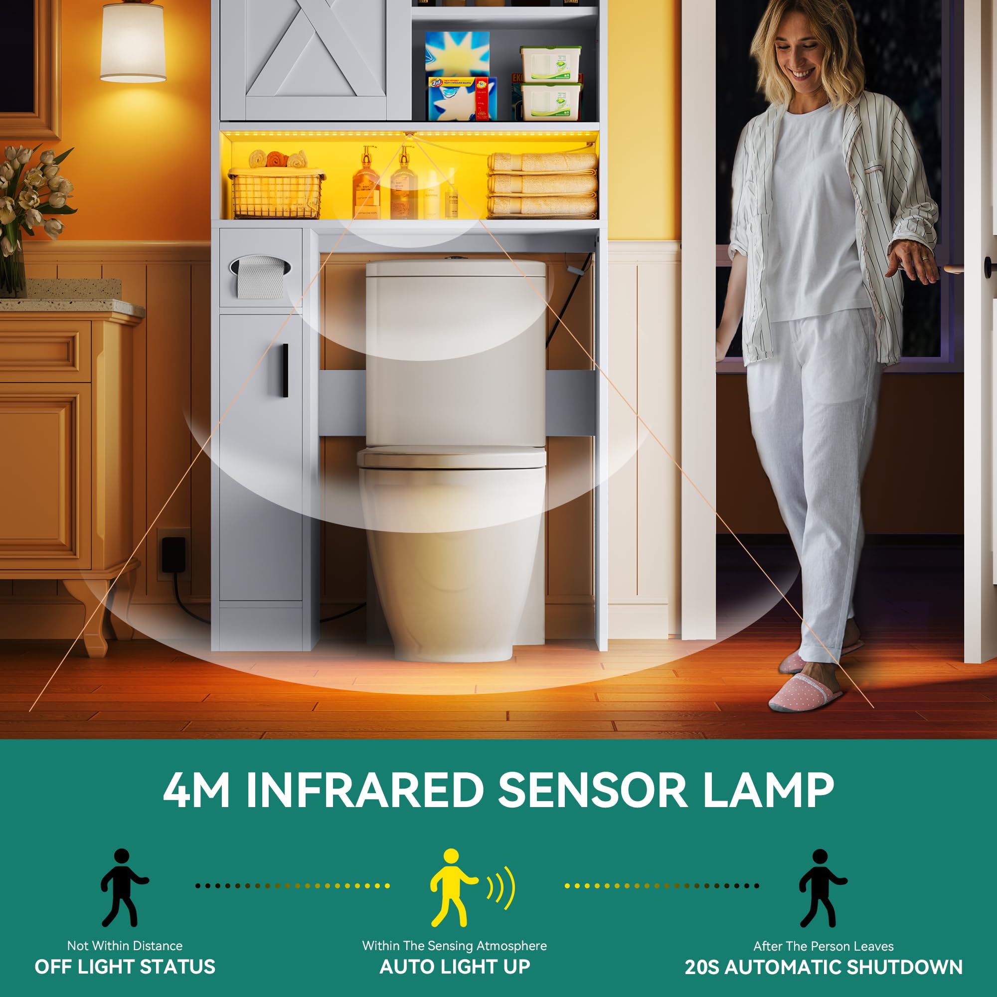 YITAHOME Over The Toilet Storage Cabinet, Farmhouse Storage Cabinet with Sliding Door, Infrared Sensor Light, Home Space-Saving Toilet Rack for Bathroom, Restroom, Laundry, White