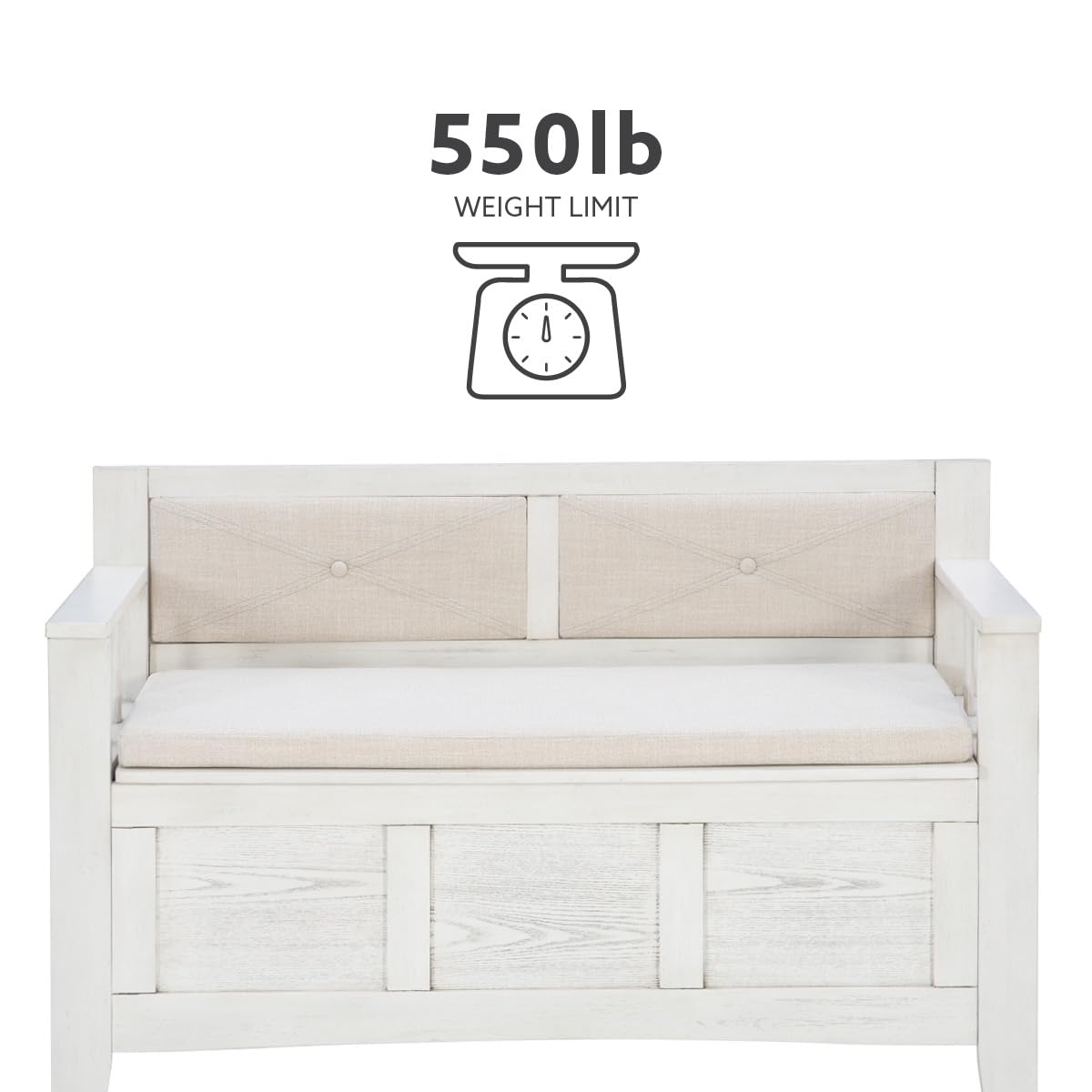 Linon Carlton White Storage Bench with Beige Upholstered Back and Cushioned Seat, Smokey Grey