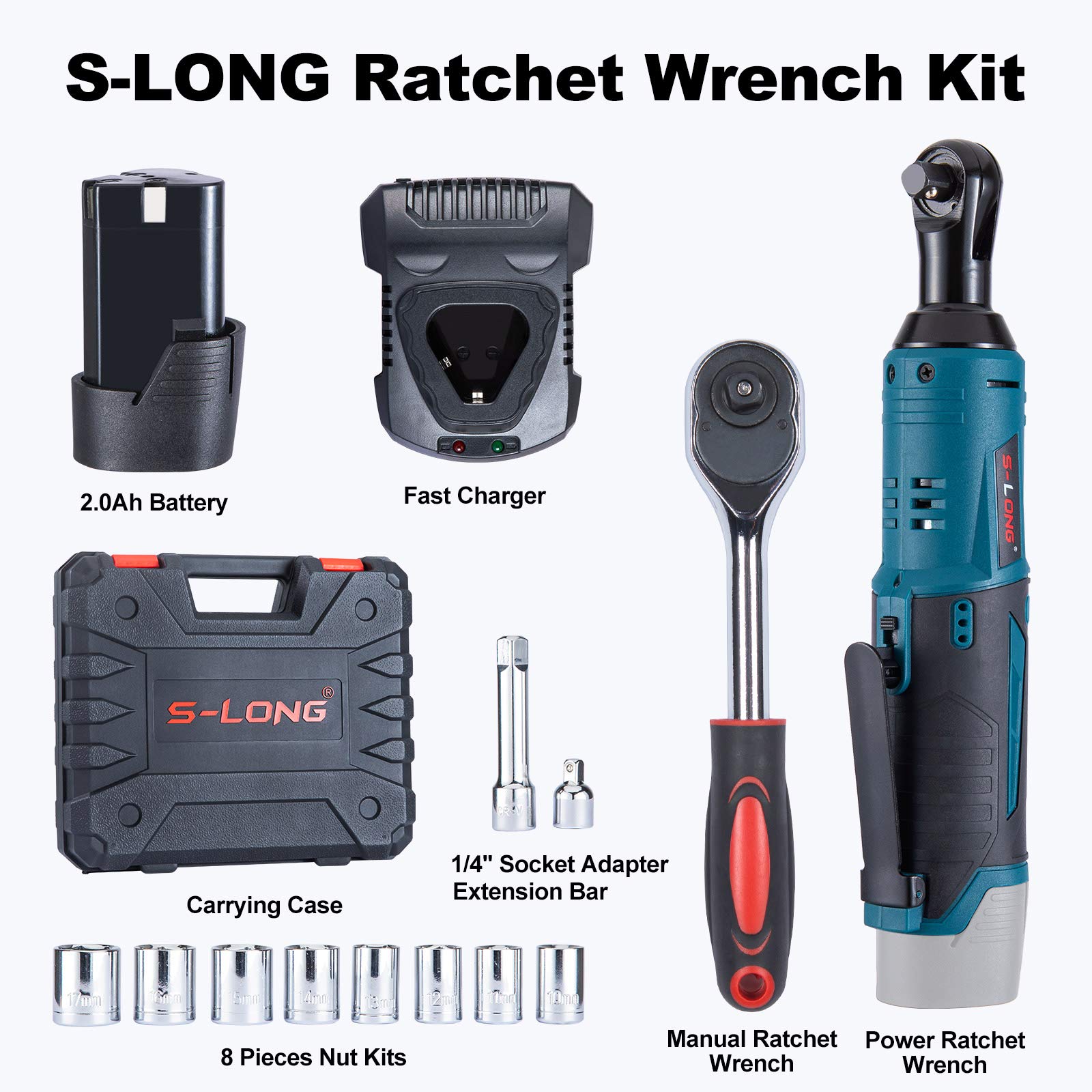 S-LONG Cordless Electric Ratchet Wrench Set, 3/8" 400 RPM 12V Power Ratchet Driver with 10 Sockets, 2000mAh Lithium-Ion Battery and 60-Min Fast Charge