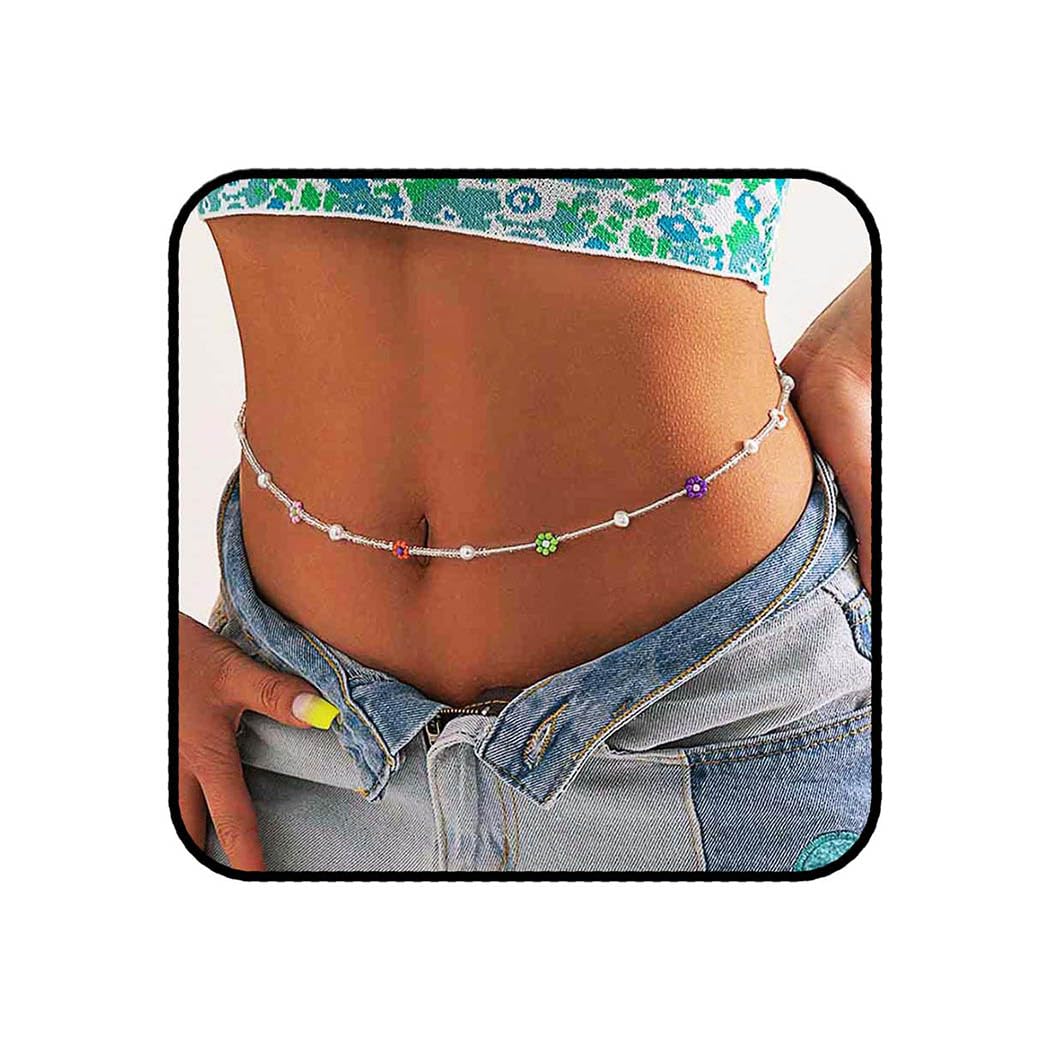 Sixexey Beads Waist Chain Colorful Beaded Body Chain Flower Belly Chains Summer Beach Body Jewelry for Women
