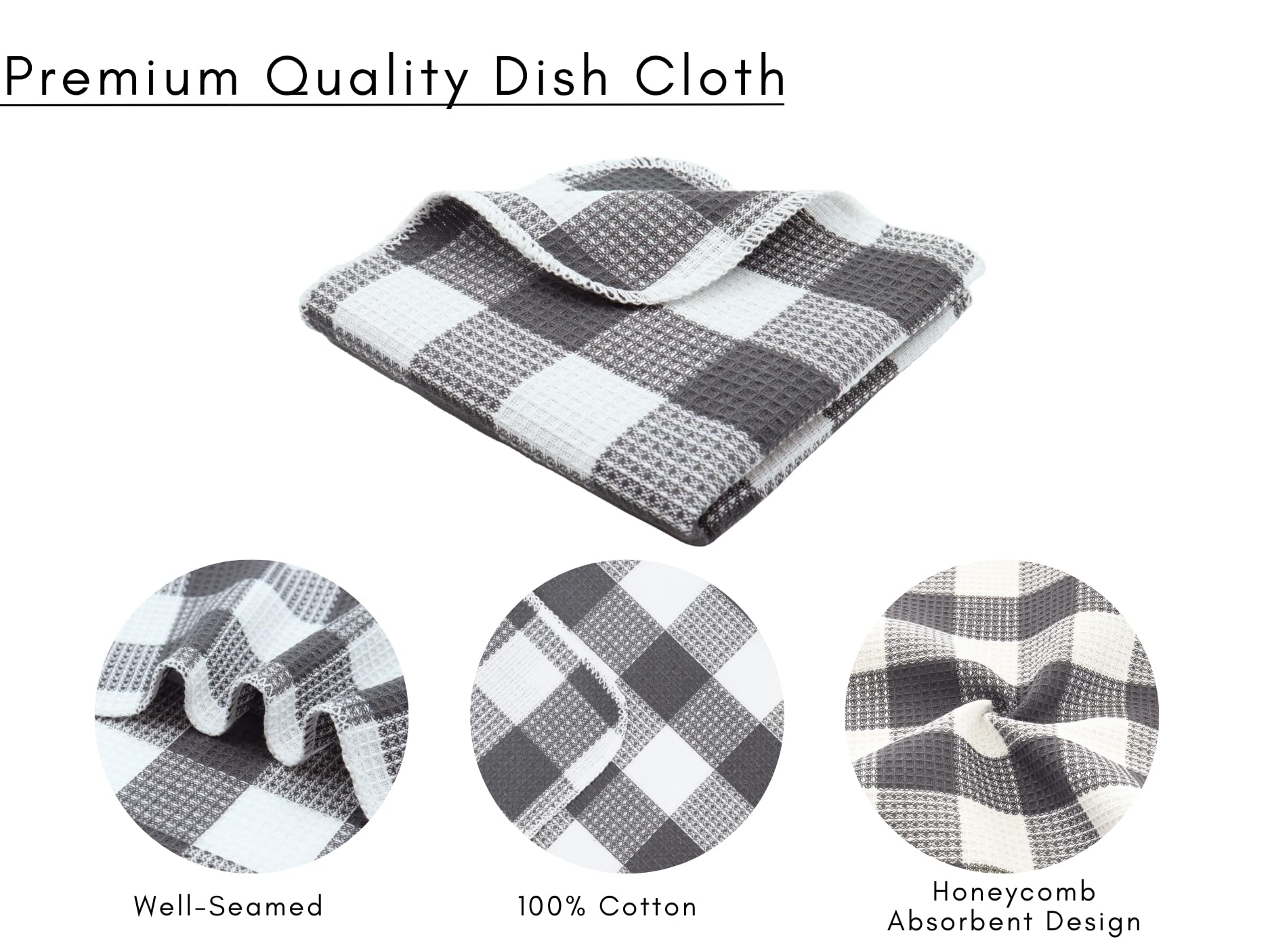 PurpleEssences Waffle Weave Plaid Dish Cloths, 100% Cotton - 12 x 12 Inches, Ultra Soft Absorbent Quick Drying Dish Towels Buffalo Check Dish Rags for Kitchen, 8-Pack - Grey & White