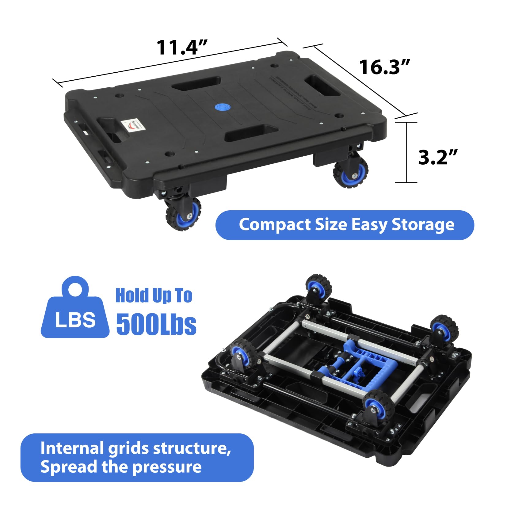 LEADALLWAY Dolly Cart Furniture Moving Dolly Multipurpose Furniture Mover 4 Wheels 300LBS,Multiple Carts Assembly Feasible + 50L Collapsible Plastic Storage Basket
