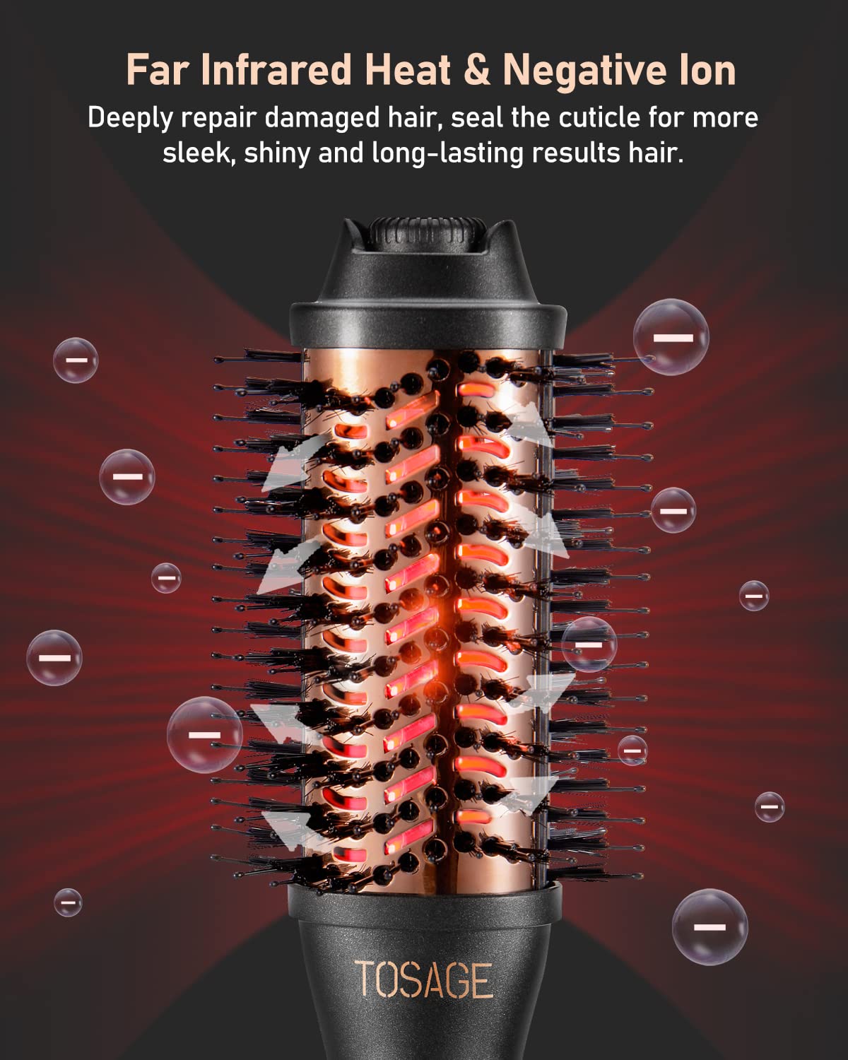 TOSAGE Hair Dryer, 1100 Watt, Black, with Far Infrared Heat and Negative Ion Technology, Titanium Oval Brush, Adjustable Airflow, Mixed Bristle, Multiple Settings