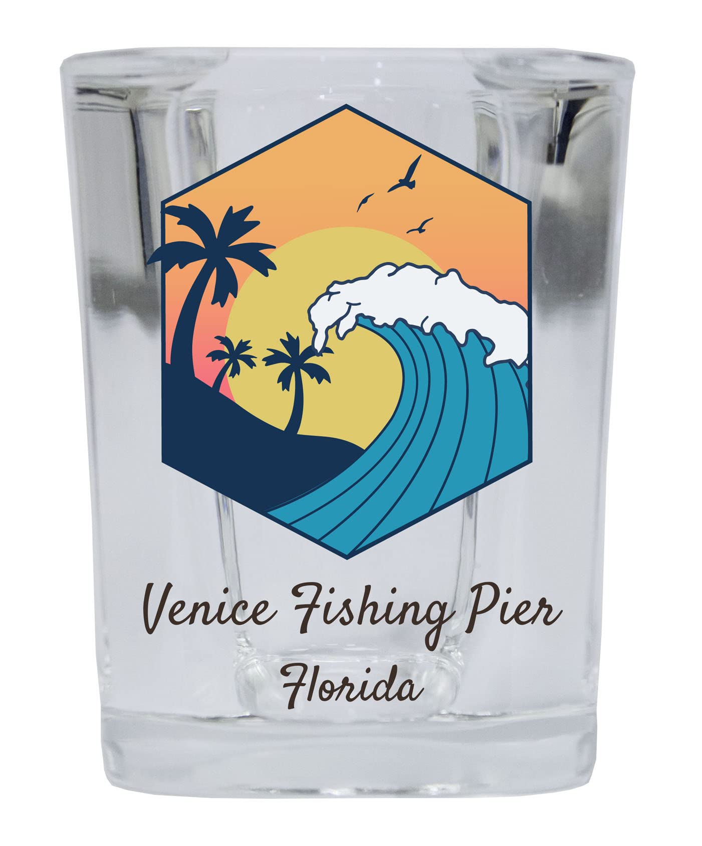 R and R Imports Venice Fishing Pier Florida Souvenir 2 Ounce Square Base Shot Glass Wave Design Single