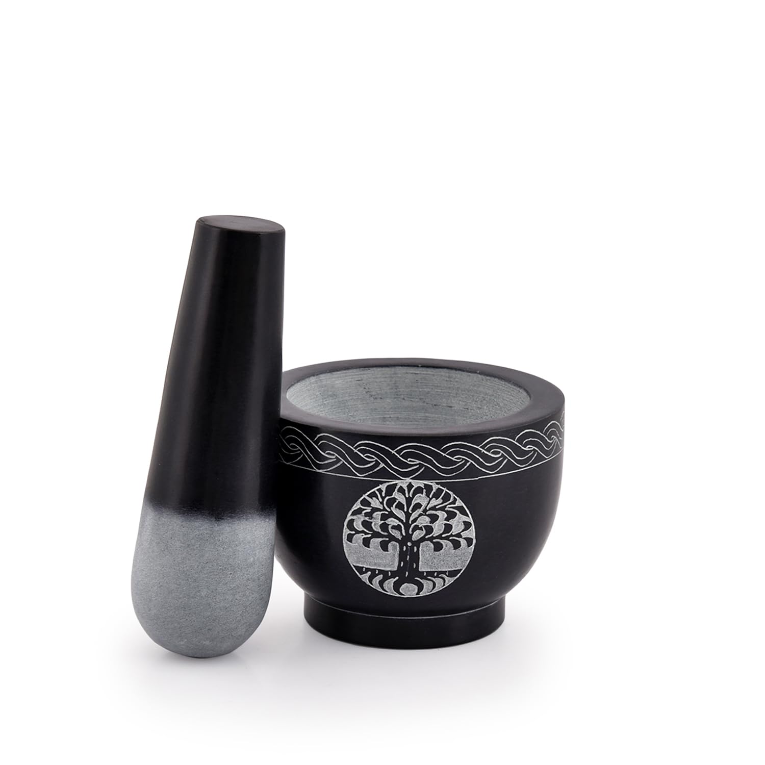 Samhita Tree of Life Natural Stone Mortar & Pestle Mortar Diameter- 3.75"x 2.75" Pestle-5" x 1.5"