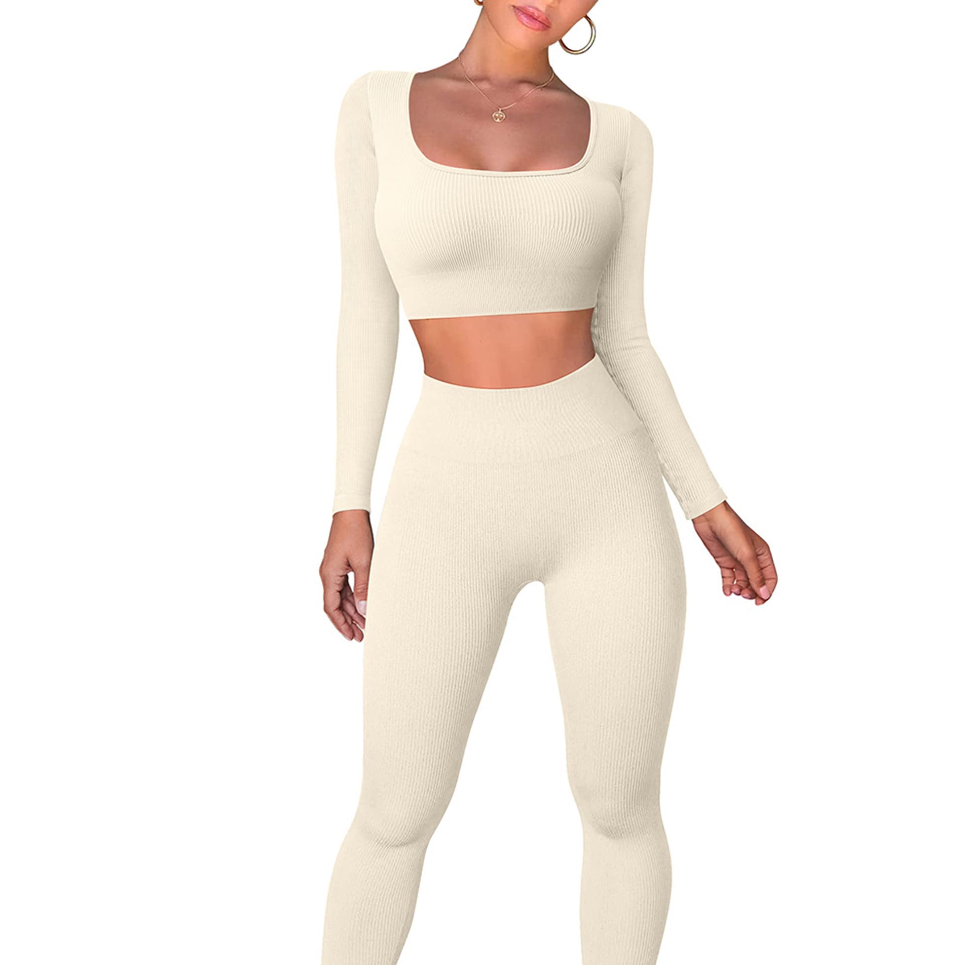 SeeLuNa Women's Cropped Top Ribbed Long Sleeve Workout Top Seamless Yoga Tops(Beige,XS)